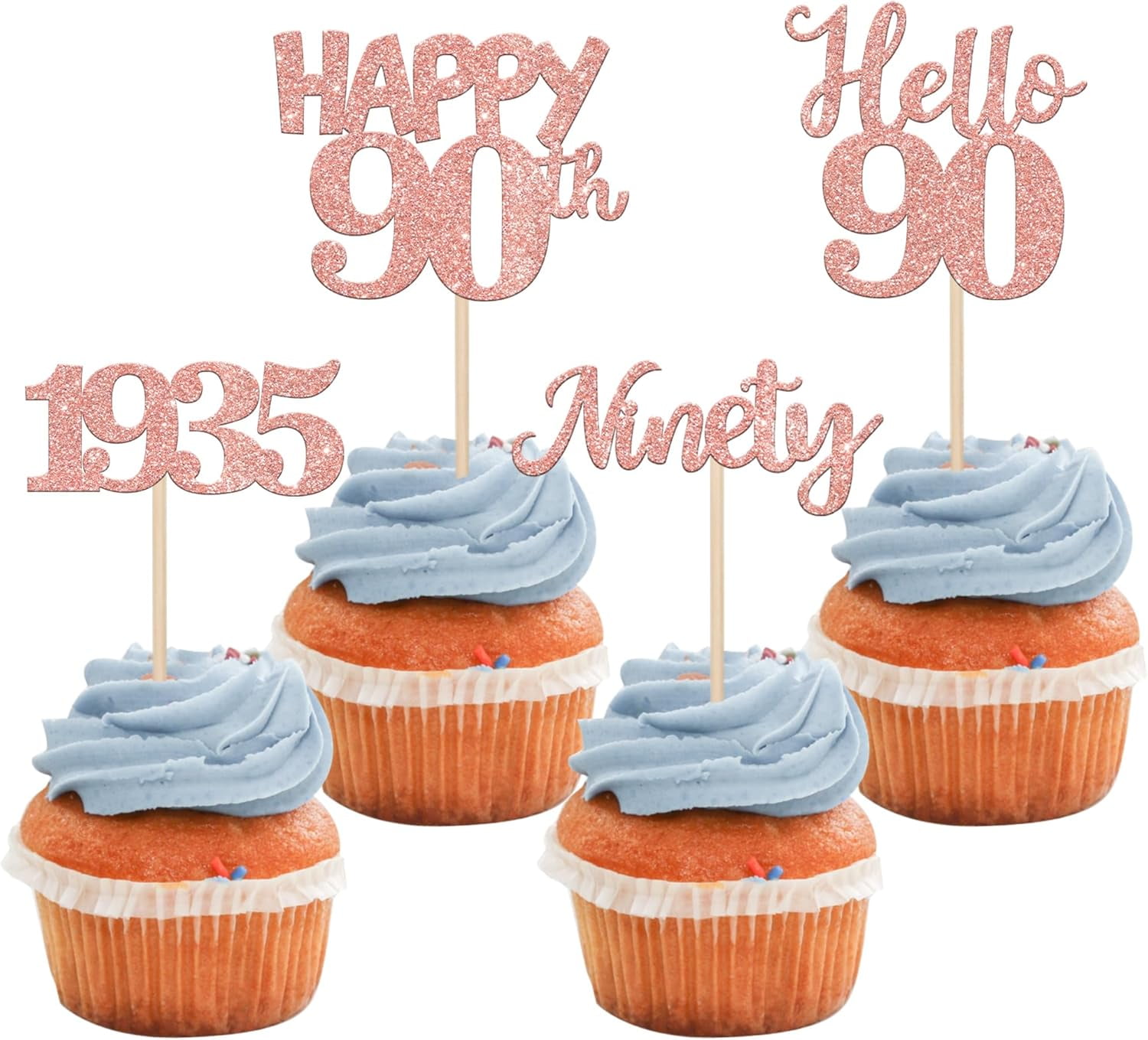 Wellsay 24 PCS Happy 90th Birthday Cupcake Tors Glitter Hello 90 Cupcake Picks Ninety Since 1935 ...