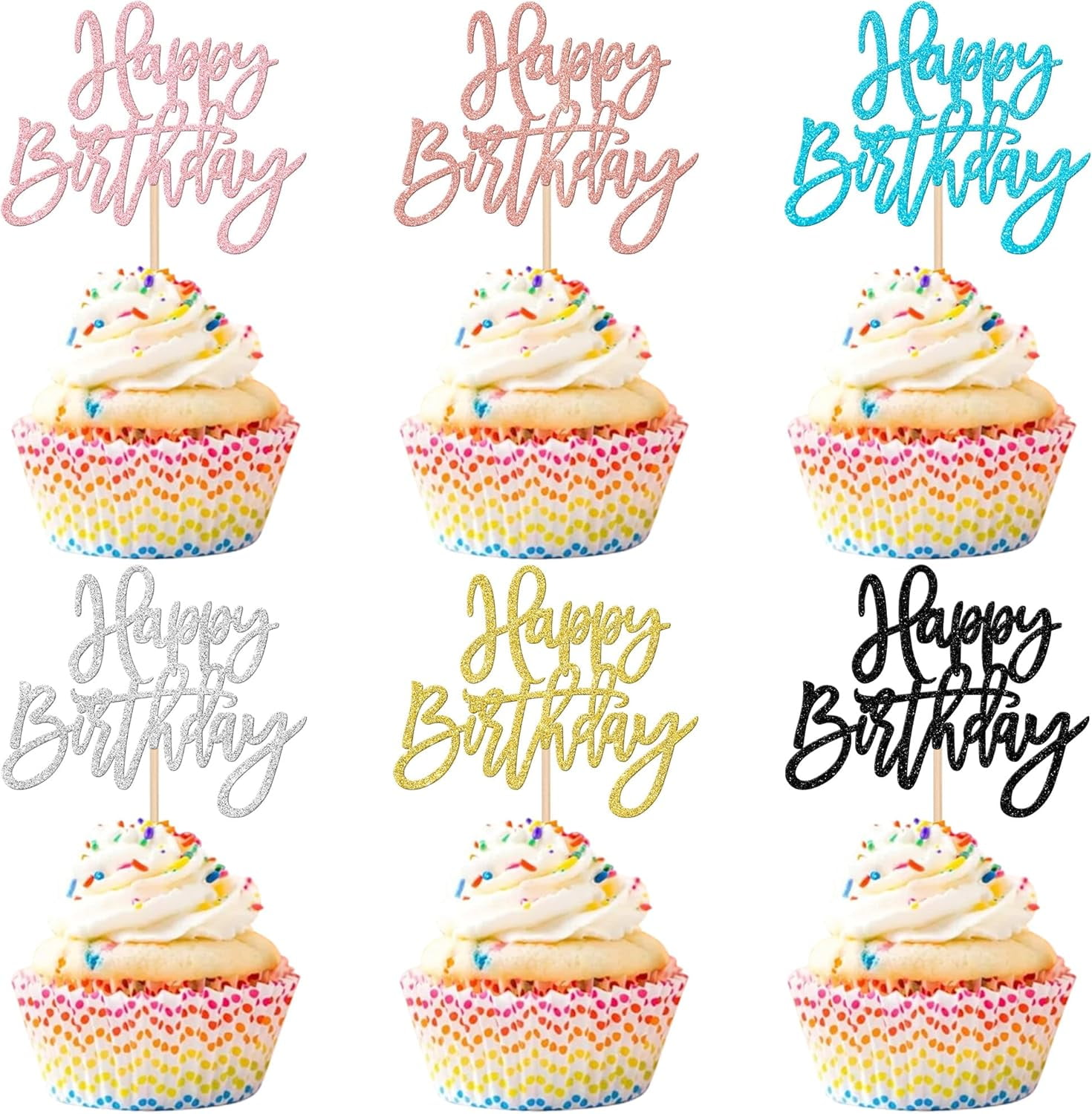 Wellsay 24 PCS Happy Birthday Cupcake Tors Glitter Happy Birthday Cupcake Picks for Celebrating ...