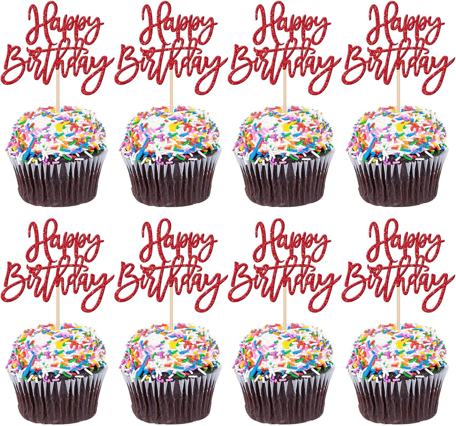 Wellsay 24 PCS Happy Birthday Cupcake Tors Glitter Happy Birthday Cupcake Picks for Celebrating ...