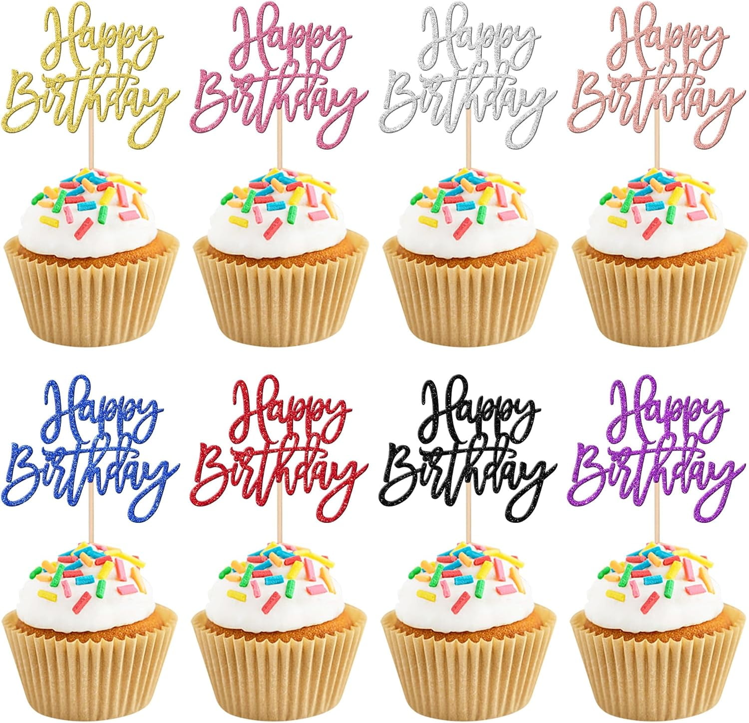 Wellsay 24 PCS Happy Birthday Cupcake Tors Glitter Picks for Celebrating Party Decorations ...