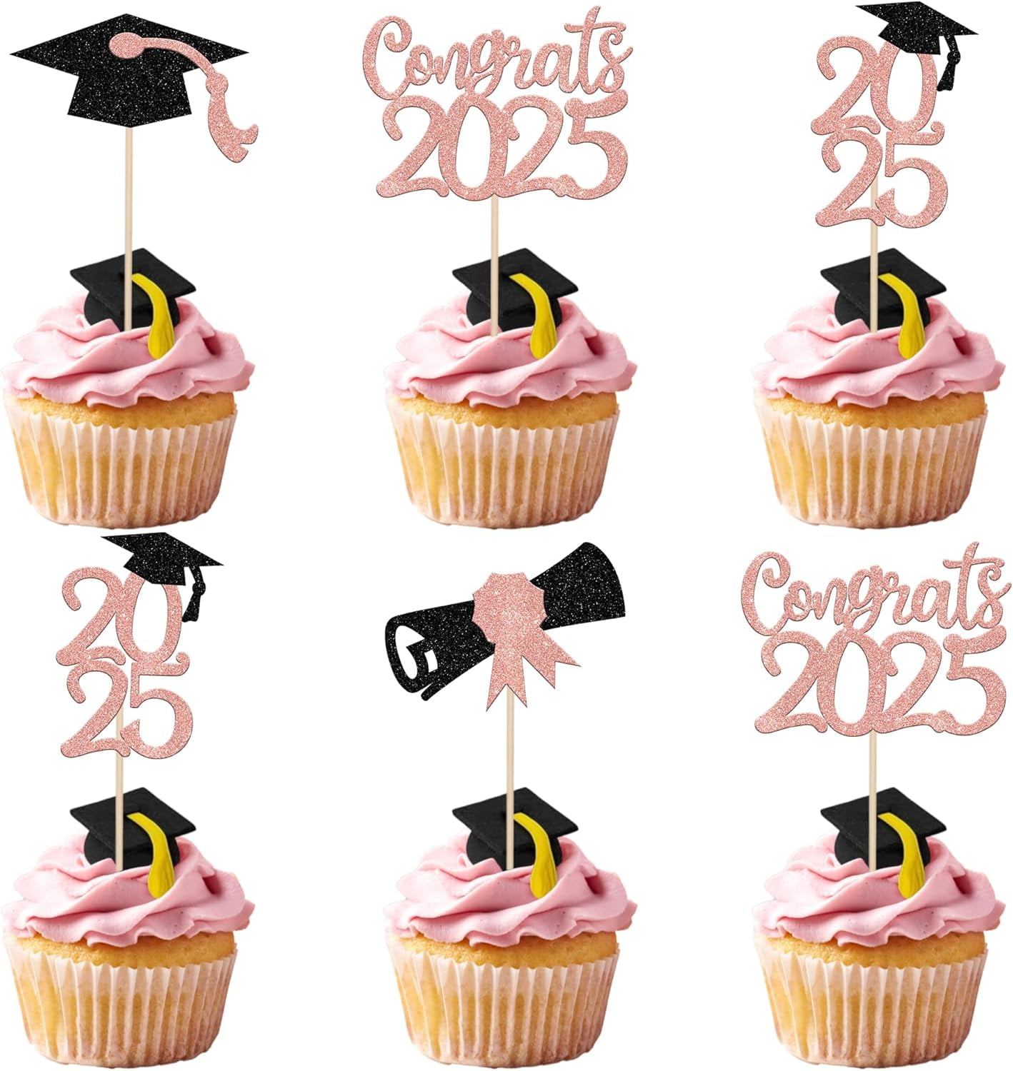 Wellsay 24 PCS Rose Gold Glitter 2025 Graduation Theme Cupcake Tors Class of 2025 Cupcake Picks ...