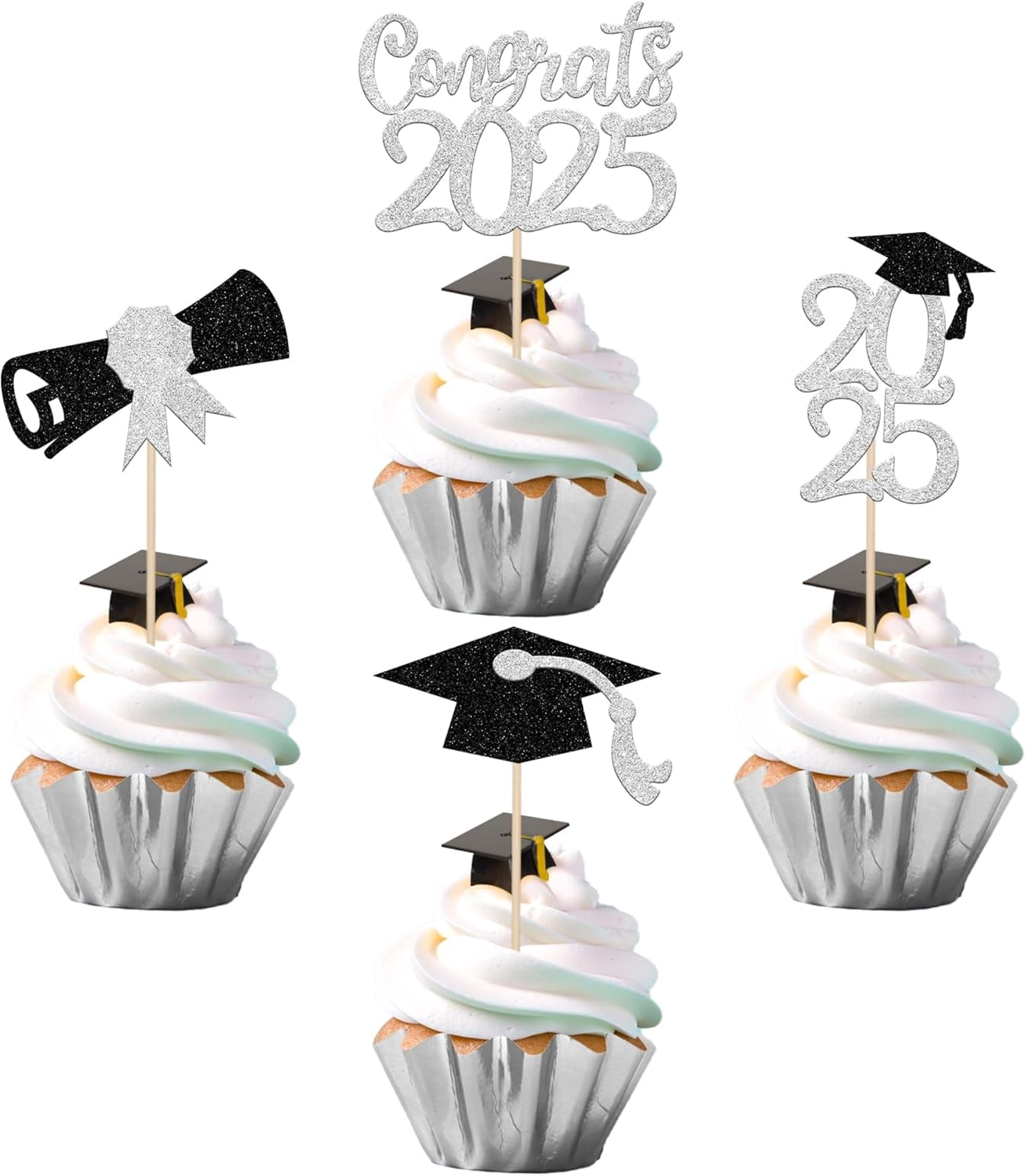 Wellsay 24 PCS Silver Glitter 2025 Graduation Theme Cupcake Tors Class ...