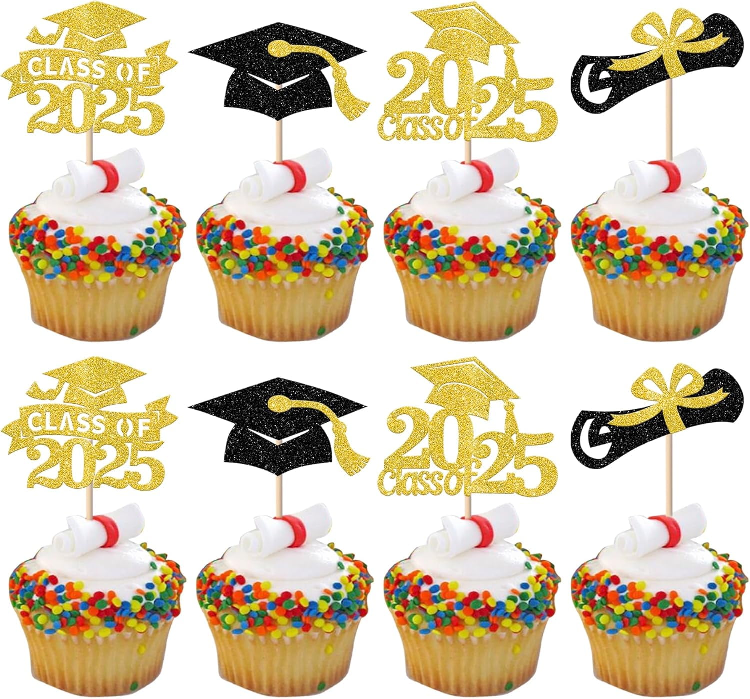 Wellsay 24 Pack 2025 Graduation Cupcake Tors Glitter Class of 2025 Cupcake Picks Diploma Done ...