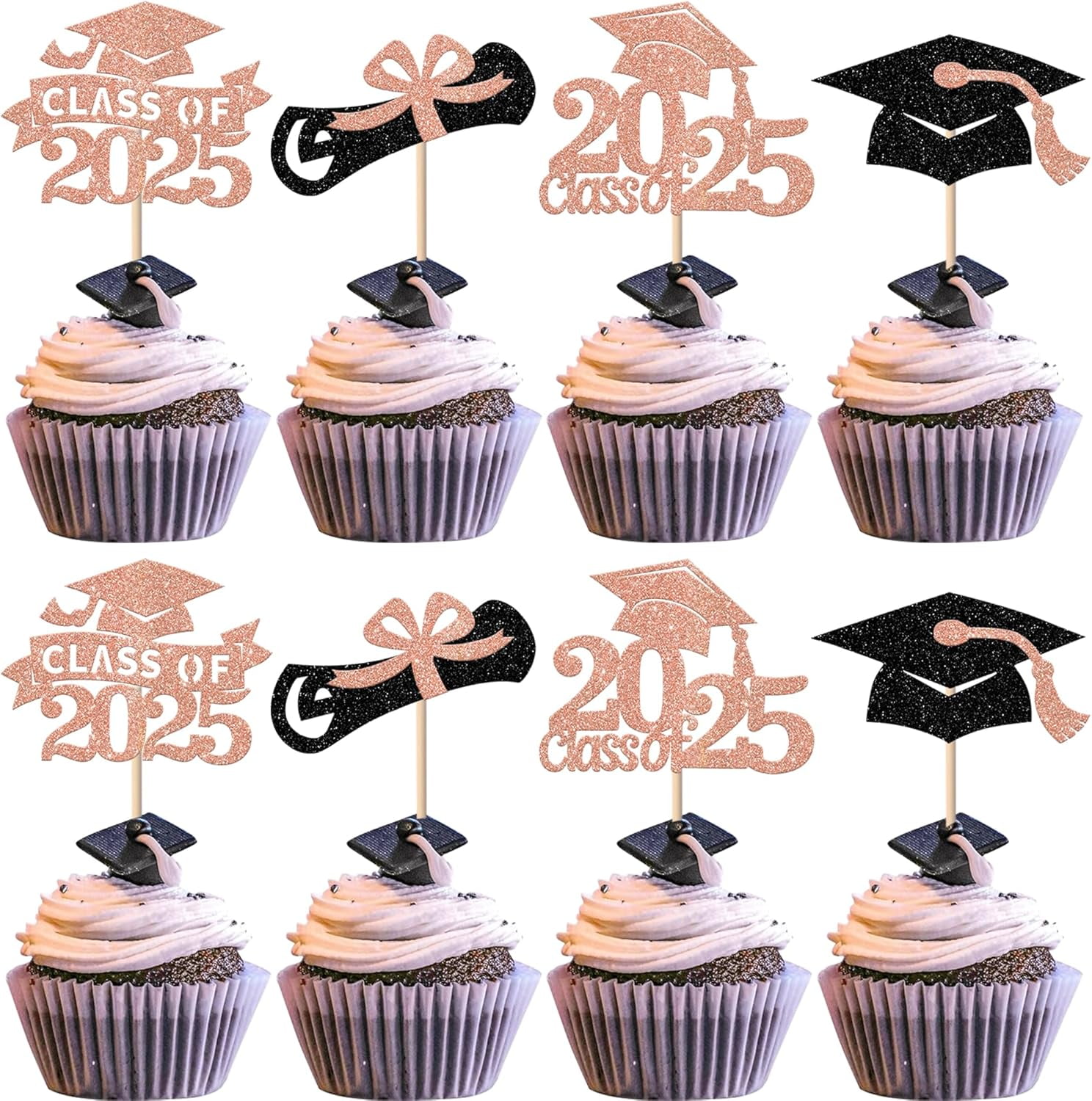 Wellsay 24 Pack 2025 Graduation Cupcake Tors Glitter Class of 2025 Cupcake Picks Diploma Done ...