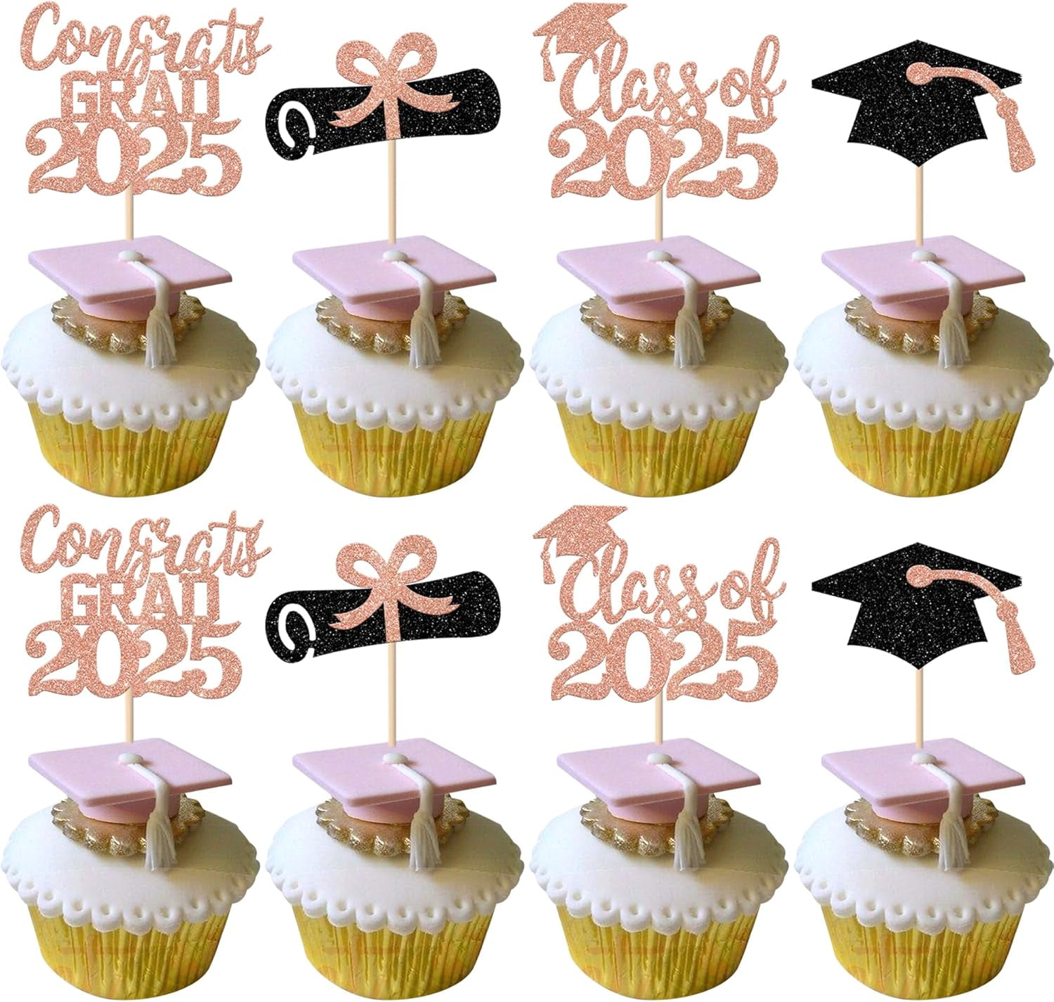Wellsay 24 Pack 2025 Graduation Cupcake Tors Glitter Diploma Congrats Grad 2025 Graduation Cap ...