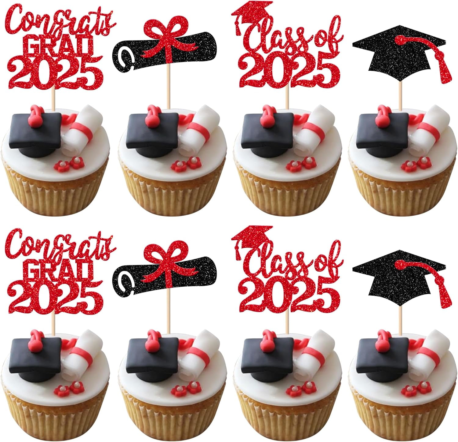 Wellsay 24 Pack 2025 Graduation Cupcake Tors Glitter Diploma Congrats Grad 2025 Graduation Cap ...