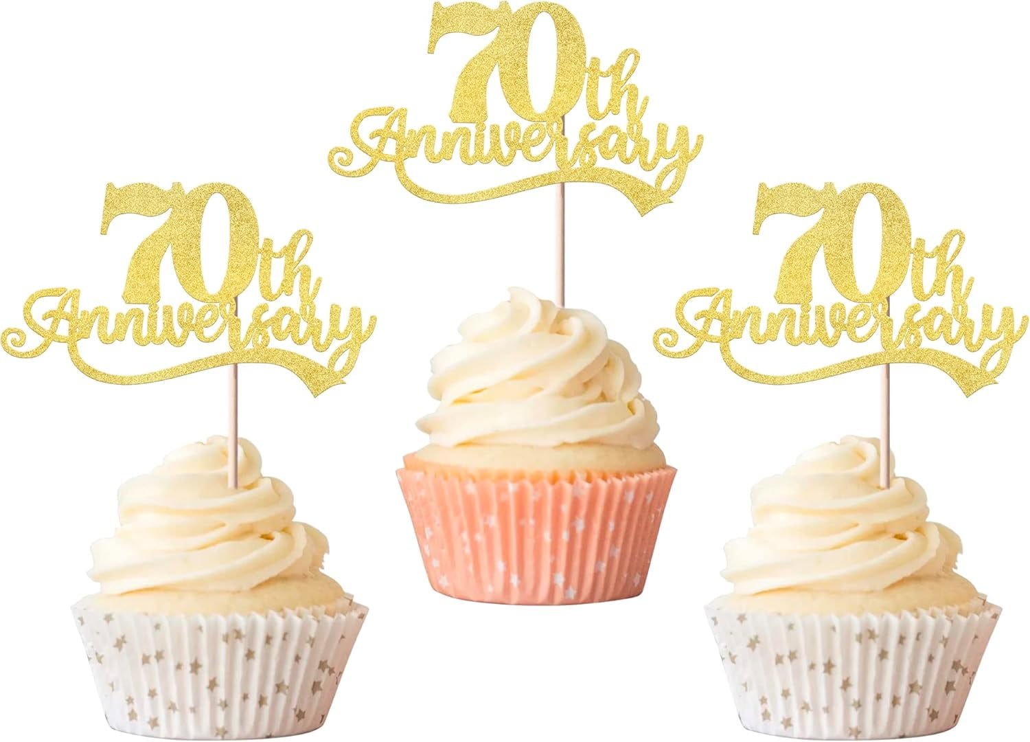 Wellsay 24 Pack 70th Anniversary Cupcake Tors Glitter Cheers to 70 Years Wedding 70 th Birthday ...
