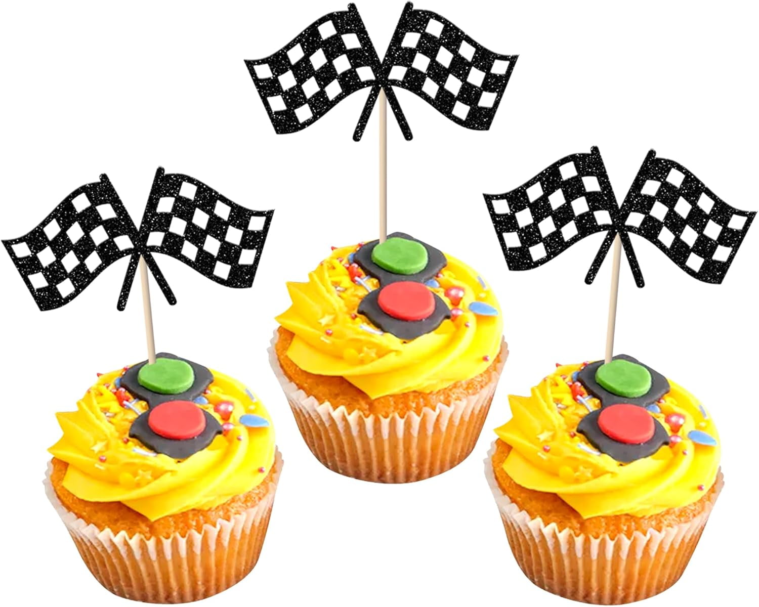 Wellsay 24 Pack Checkered Racing Flag Cupcake Tors Glitter Checkered ...