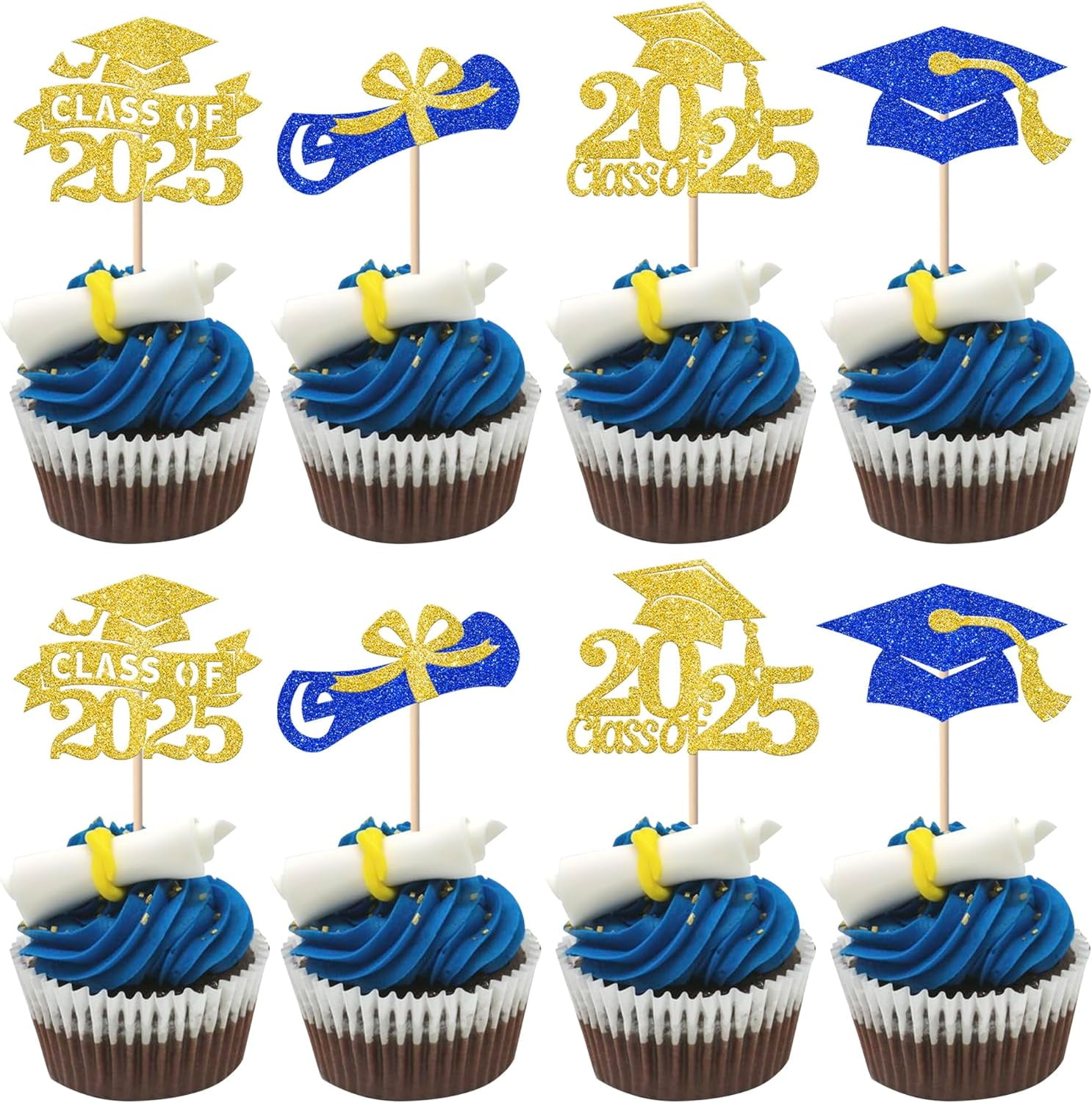 Wellsay 24 Pack Class of 2025 Cupcake Tors Glitter Congrats Grad 2025 Done Diploma Cupcake Picks ...