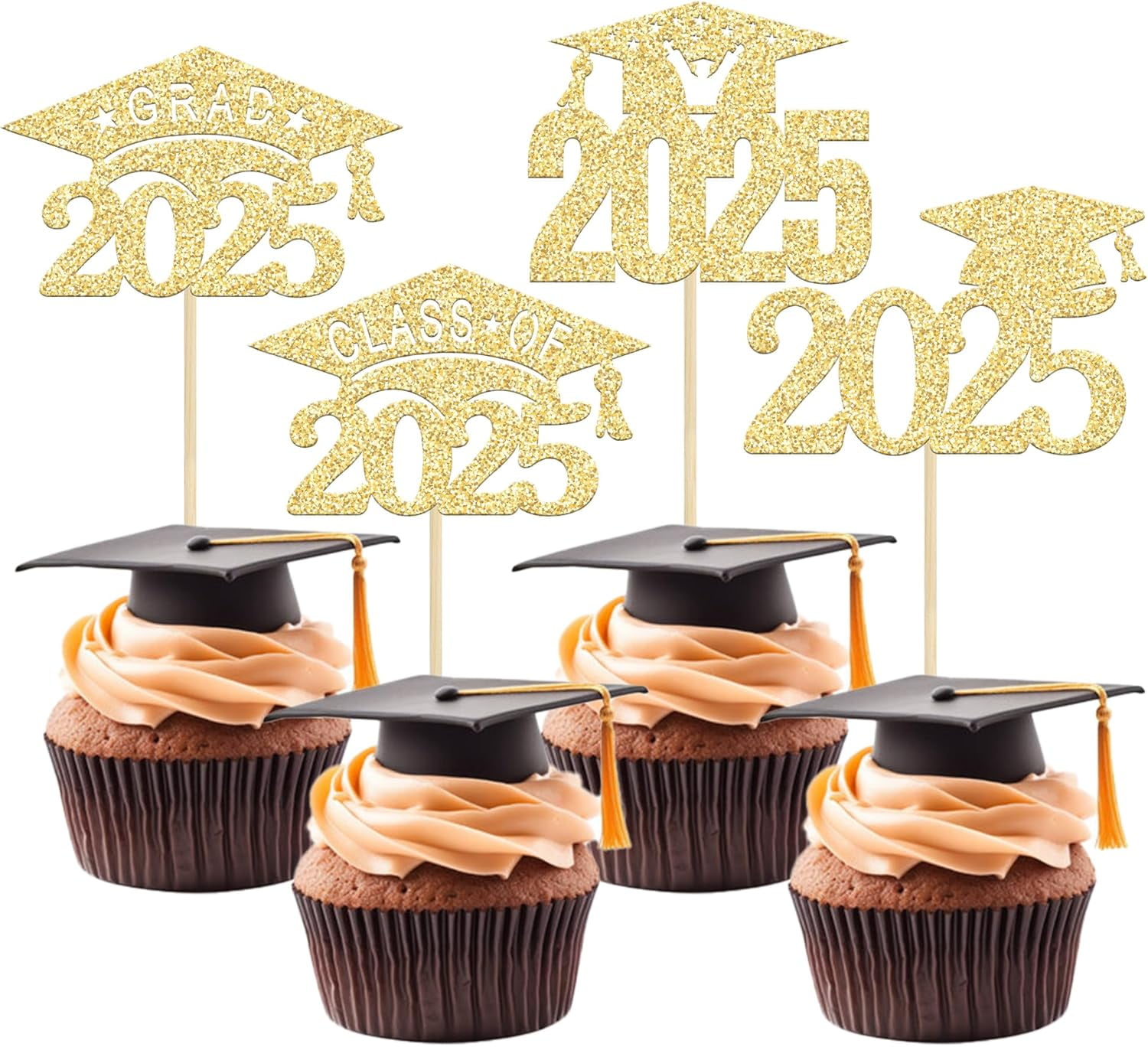 Wellsay 24 Pack Gold Glitter 2025 Graduation Cap Cupcake Tors Class of 2025 Grad Cap Cupcake ...