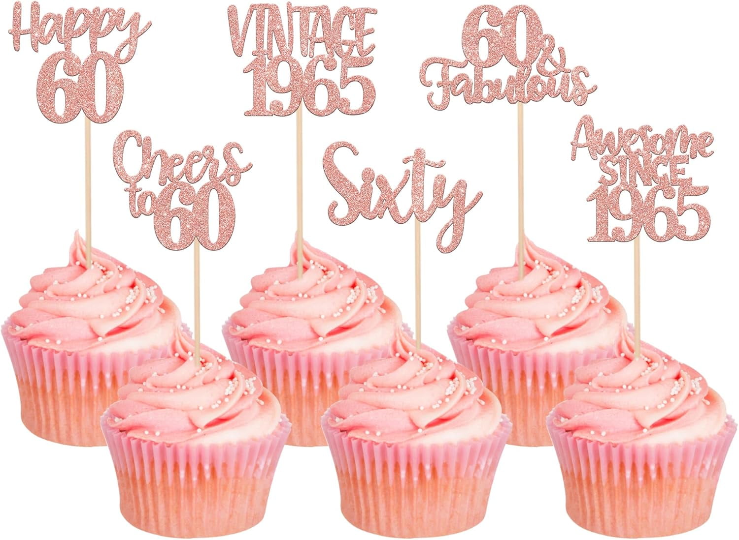 Wellsay 24 Pack Happy 60th Birthday Cupcake Tors Glitter Sixty 60 Fabulous Vintage 1965 Cupcake ...