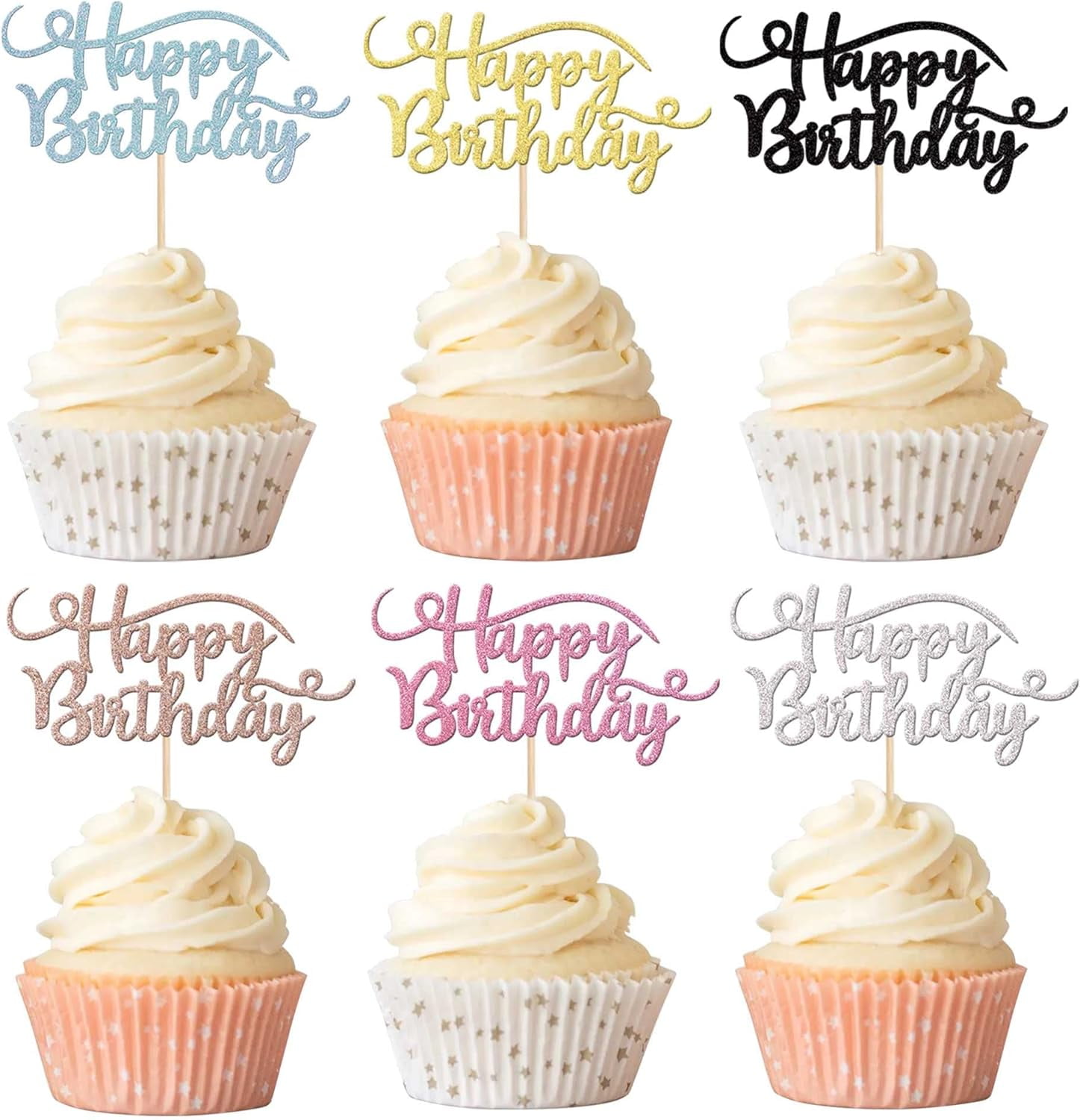 Wellsay 24 Pack Happy Birthday Cupcake Tors Glitter Birthday Cupcake Food Picks for Celebrating ...