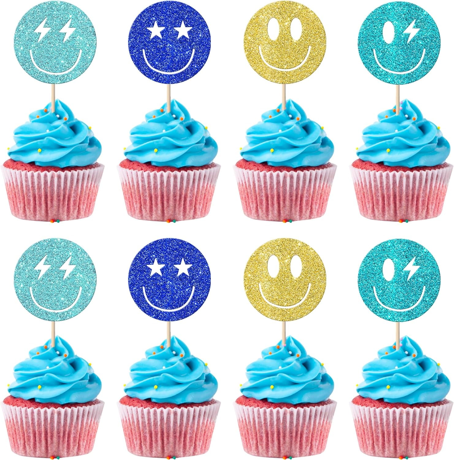 Wellsay 24 Pack Smiley Faces Cupcake Tors Gold Glitter Emoji Faces Cupcake Picks Smiley Assorted ...