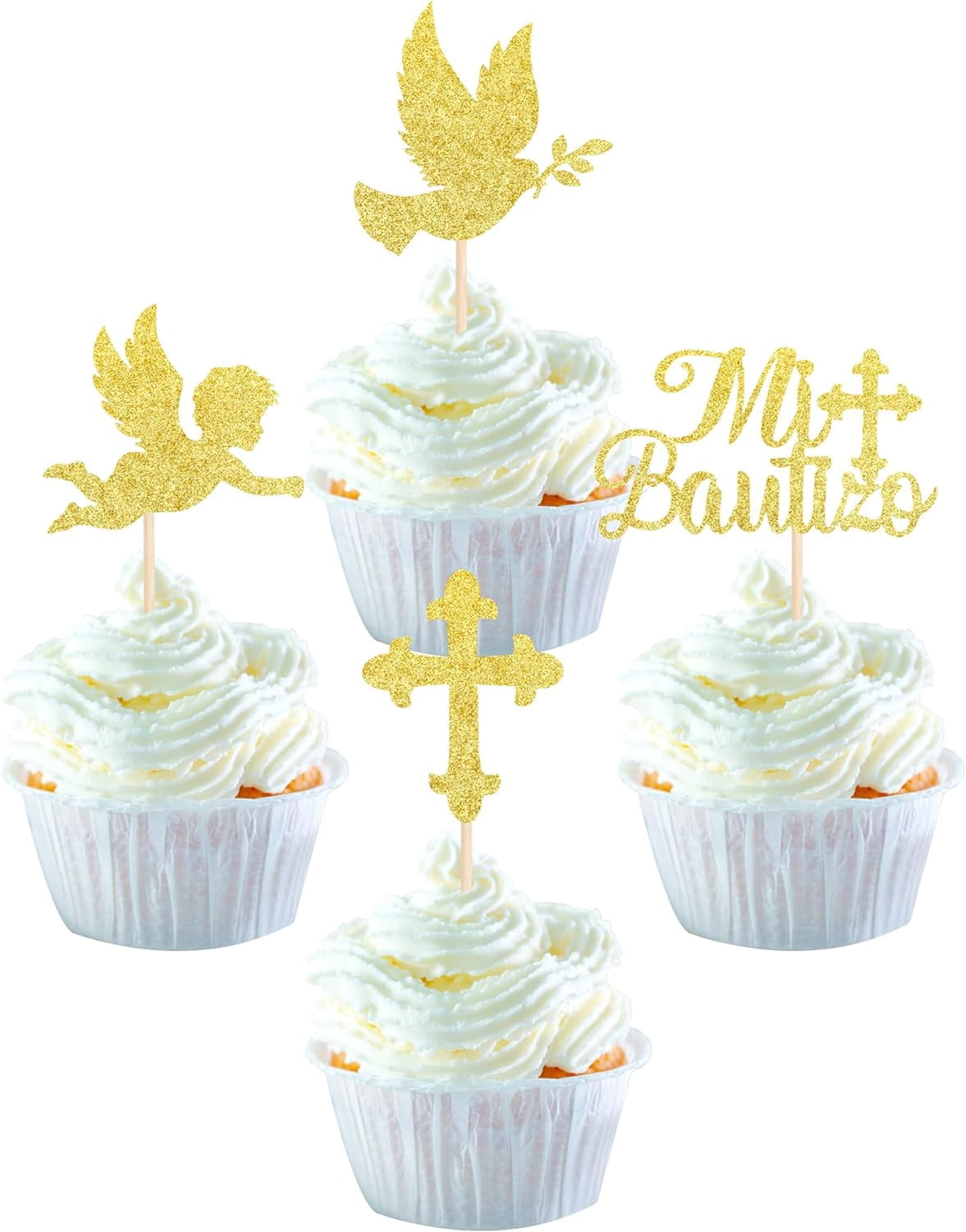 Wellsay 24 Pack Spanish Mi Bautizo Cupcake Tors with Glitter Cross ...