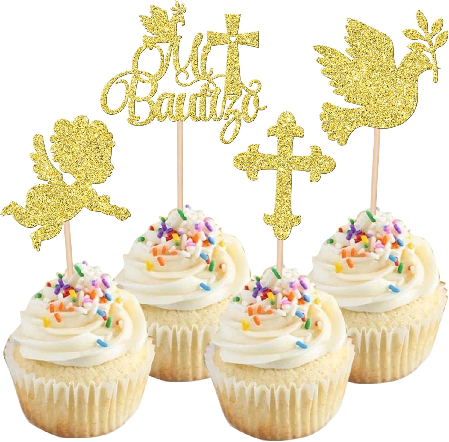 Wellsay 24 Pack Spanish Mi Bautizo Cupcake Tors Golden Glitter Cross Angel Dove Baptism Cupcake ...