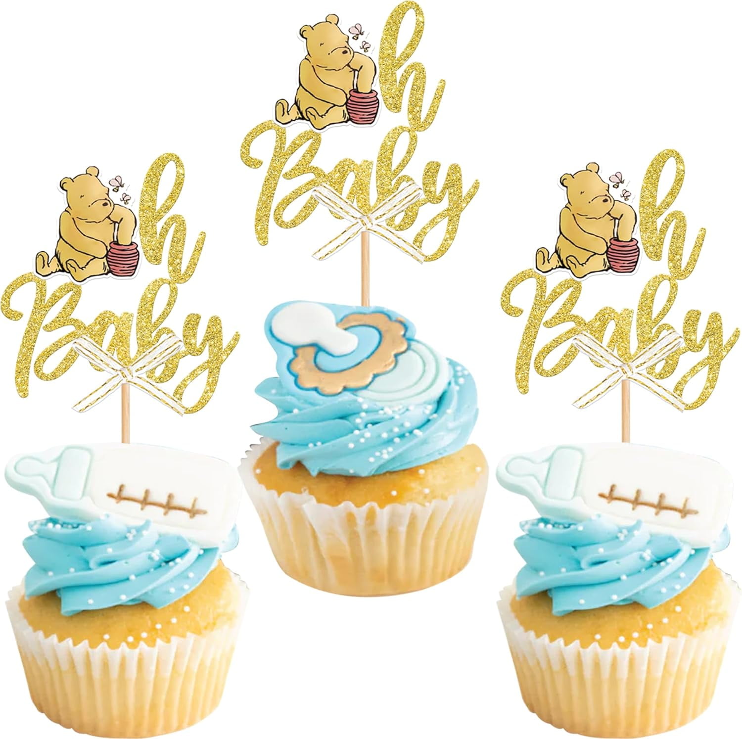Wellsay 24 Pack Winnie Oh Baby Cupcake Tors Bow Bear Gender Ral Cupcake Picks for Boy or Girl ...