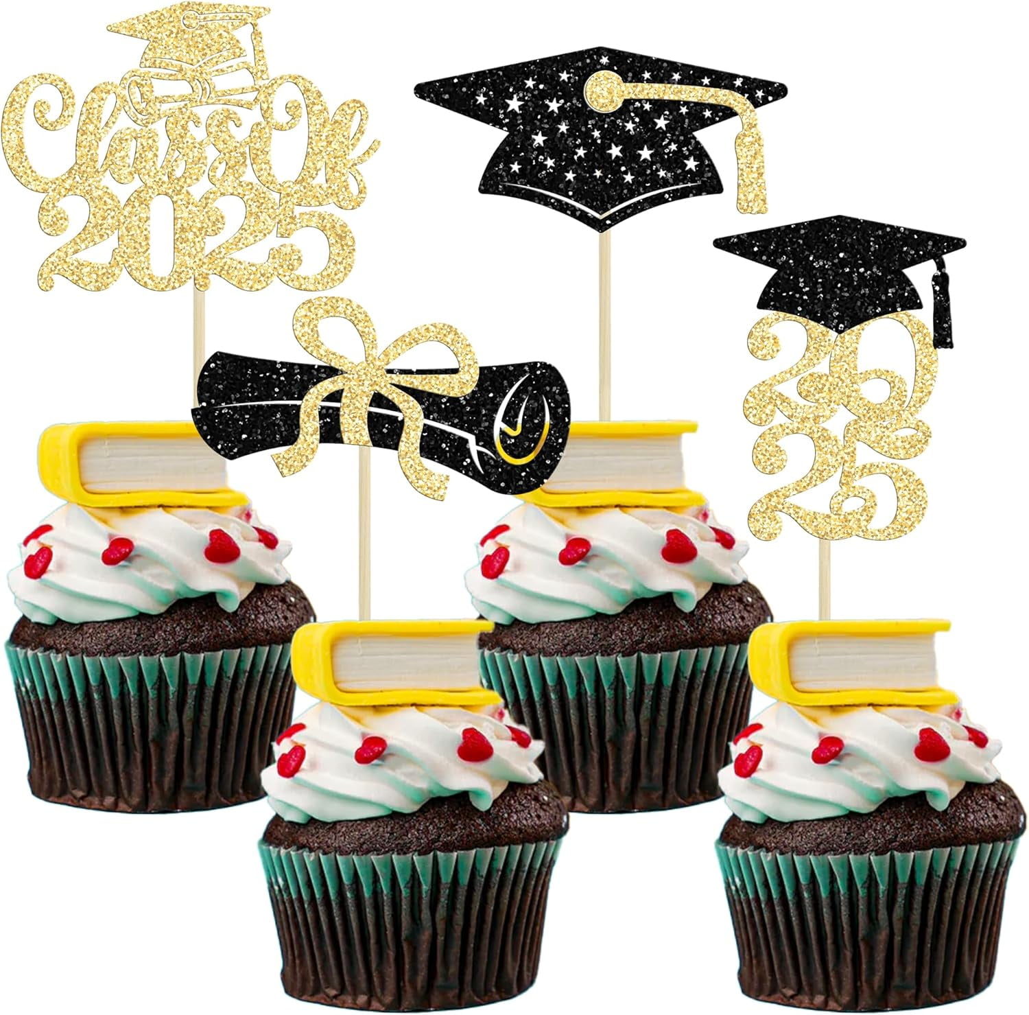 Wellsay 24Pcs 2025 Graduation Cupcake Tors Glitter Class of 2025 ...