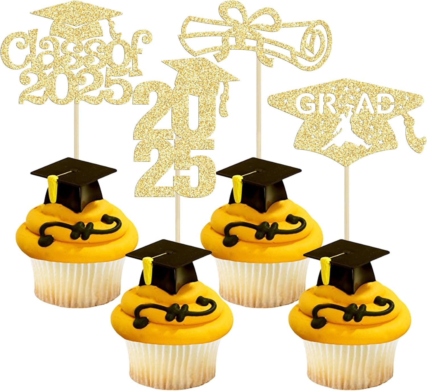 Wellsay 24Pcs 2025 Graduation Cupcake Tors Glitter Class of 2025 Diploma Grad Cap Cupcake Picks ...