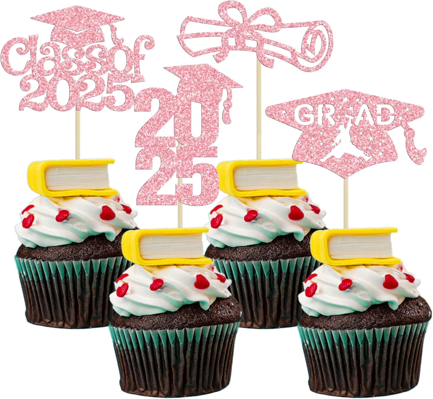 Wellsay 24Pcs 2025 Graduation Cupcake Tors Glitter Class of 2025 Diploma Grad Cap Cupcake Picks ...