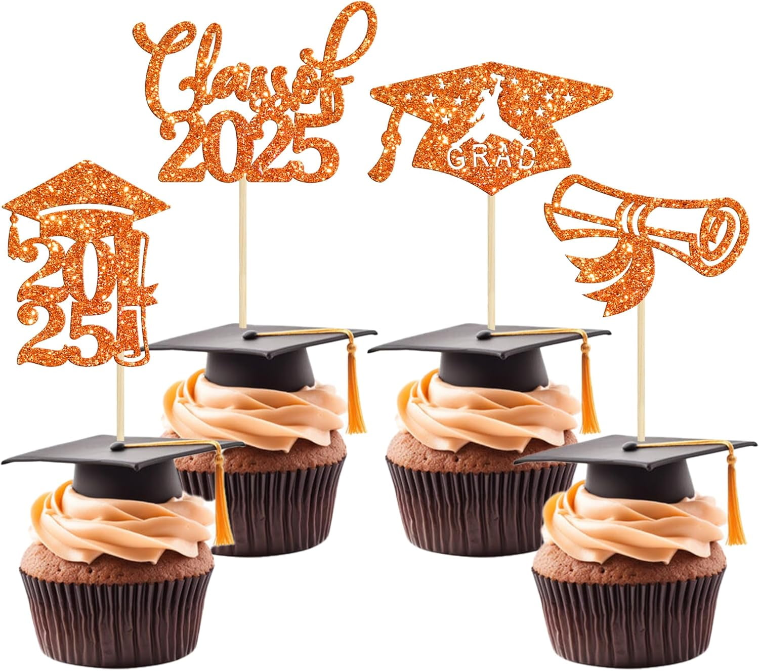 Wellsay 24Pcs 2025 Graduation Cupcake Tors Glitter Congrats Grad Cap ...