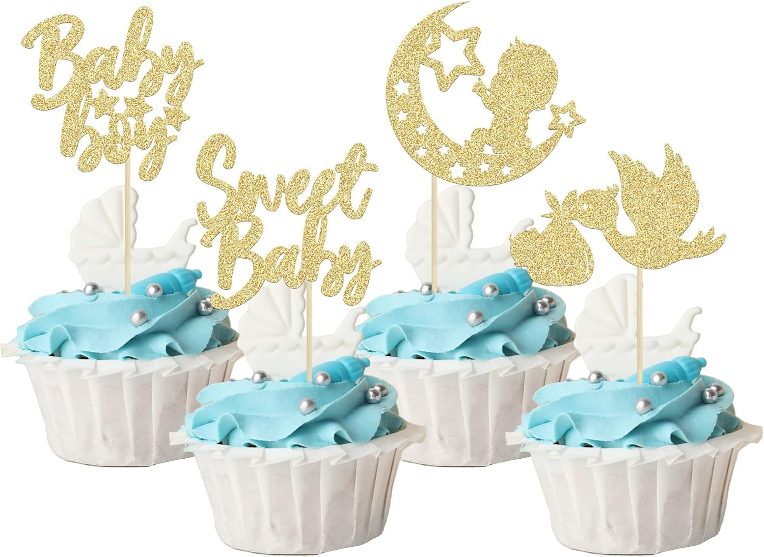 Wellsay 24Pcs Baby Boy Cupcake Tors Gold Glitter Moon Star Sweet Baby Boy Cupcake Picks ...