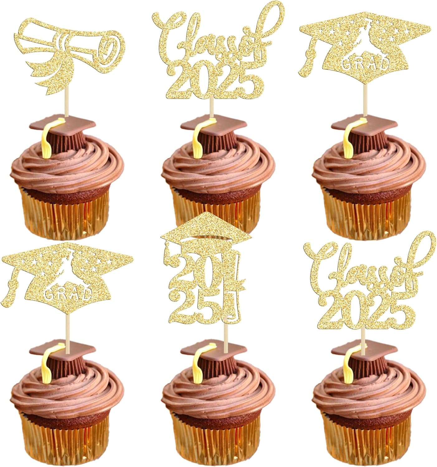Wellsay 24Pcs Class of 2025 Graduation Cupcake Tors Glitter 2025 Graduation Cap Diploma Congrats ...