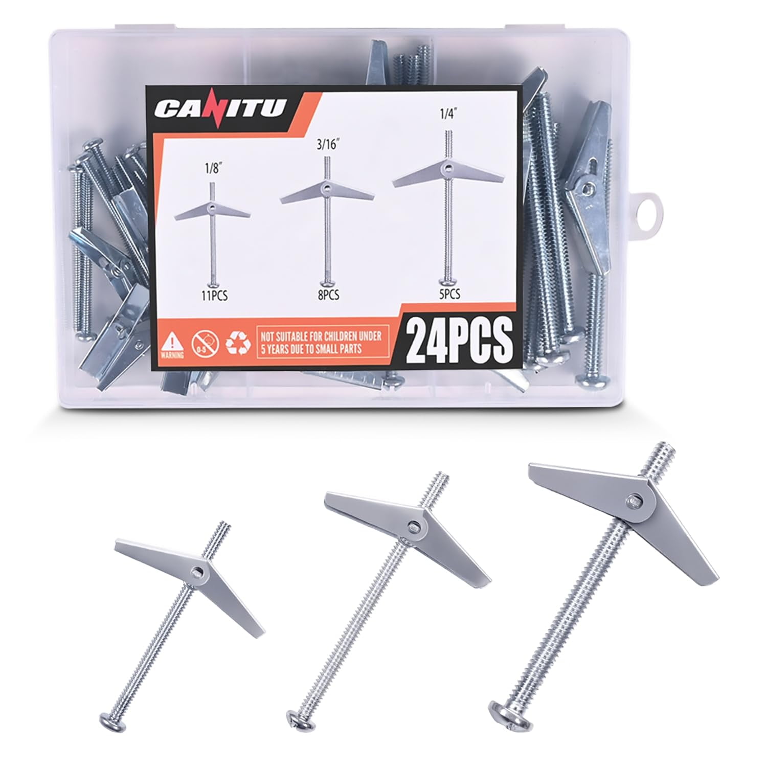 Wellsay ﻿ 24Pcs Toggle Bolt and Wing Nut Kit,Assorted 1/4" 3/16" 1/8 ...