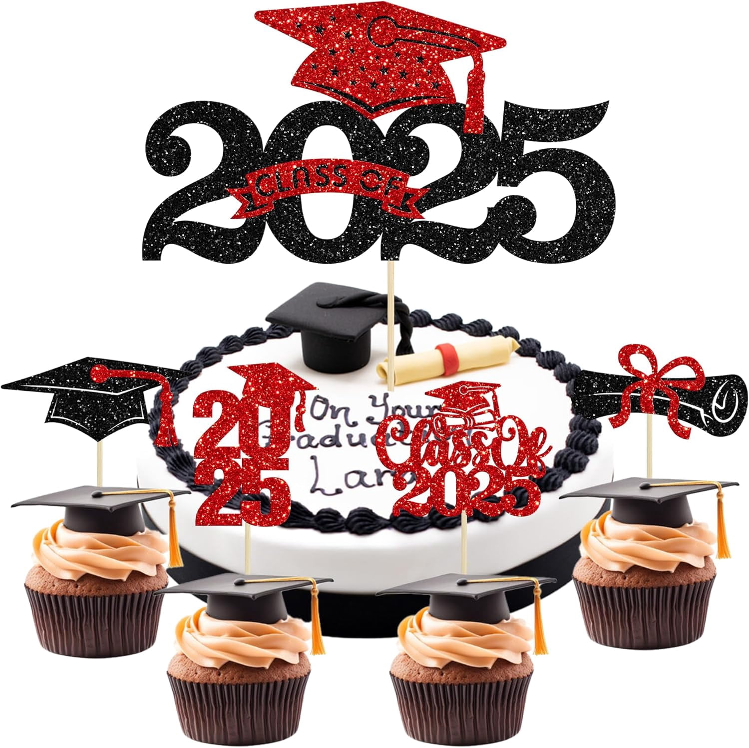 Wellsay 25Pcs 2025 Graduation Cake Tor Glitter Congrats 2025 Cap Cake ...