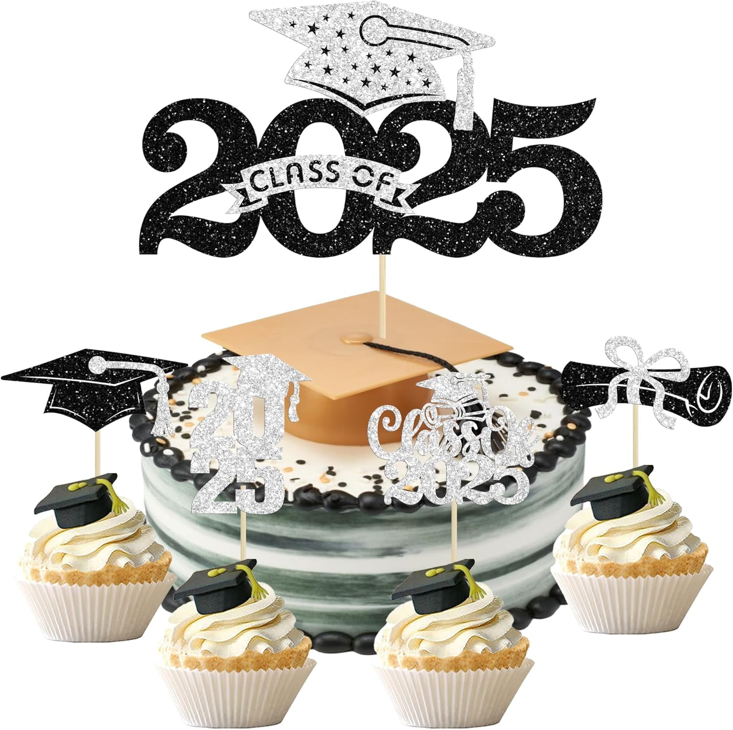 Wellsay 25Pcs Class of 2025 Cake Tor Glitter Congrats Grad Cap 2025 ...