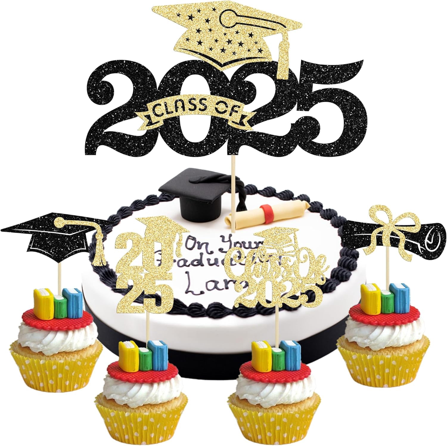 Wellsay 25Pcs Class of 2025 Cake Tor Glitter Congrats Grad Cap 2025 ...