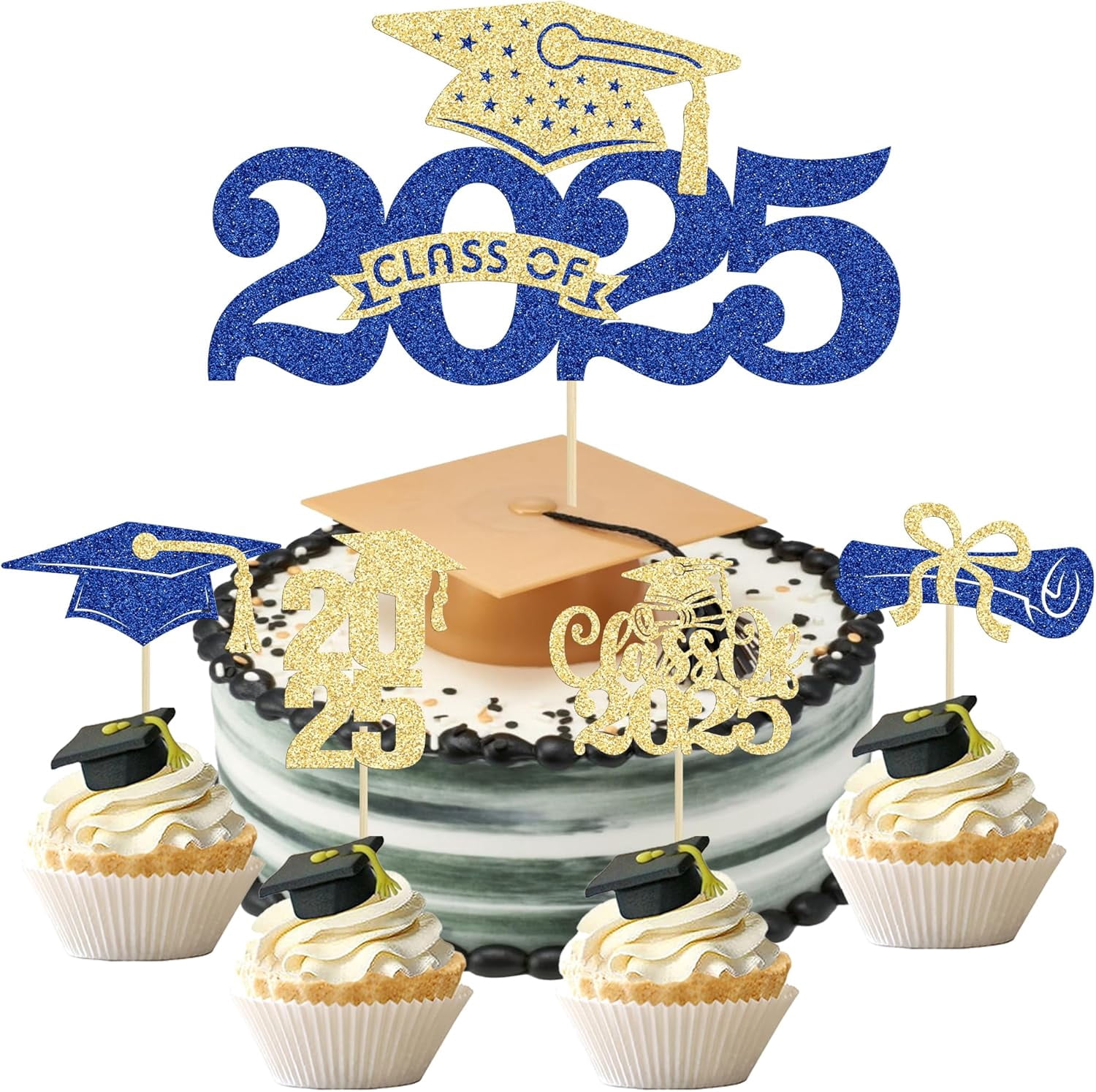 Wellsay 25Pcs Class of 2025 Cake Tor Glitter Congrats Grad Cap 2025 ...