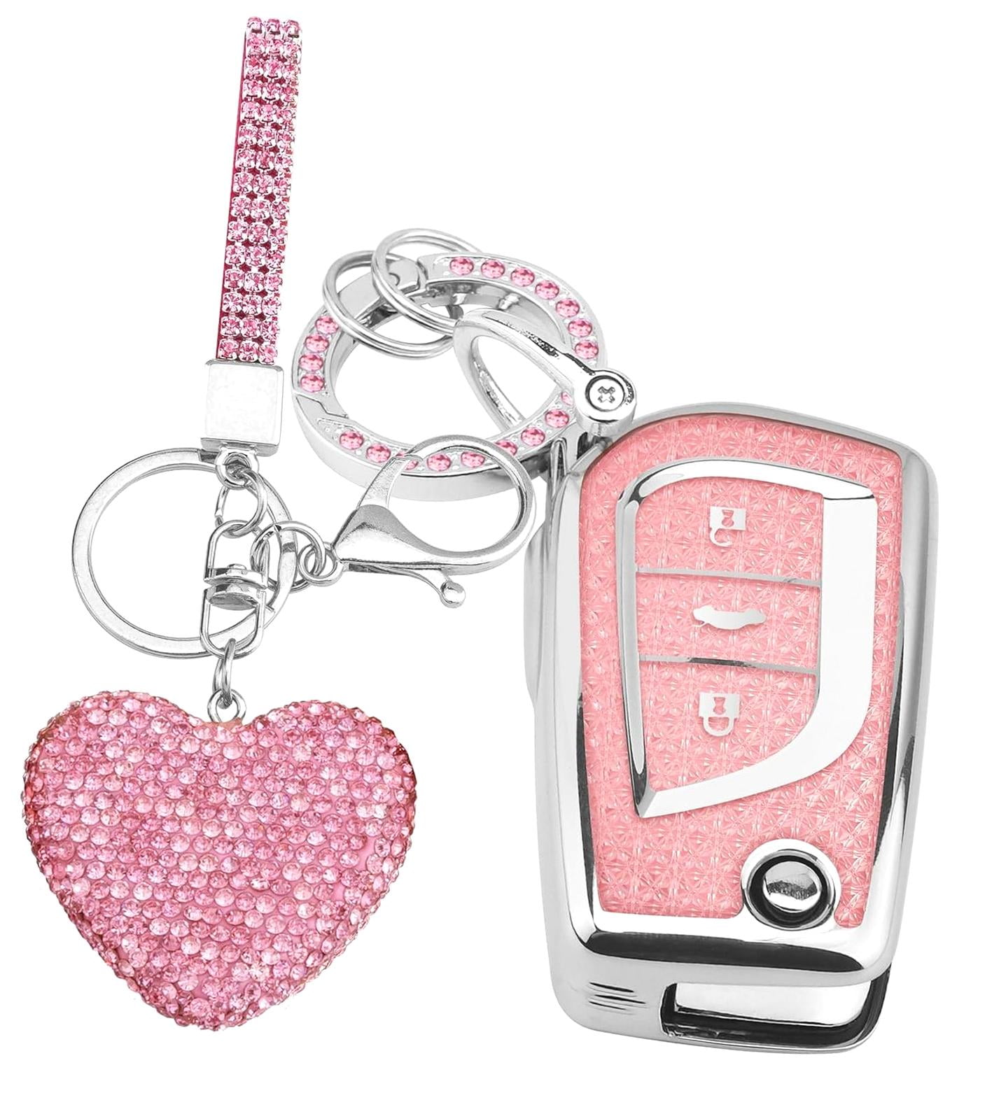 Wellsay 3-Button Key Fob Cover with Diamond Heart Keychain, Silver TPU ...