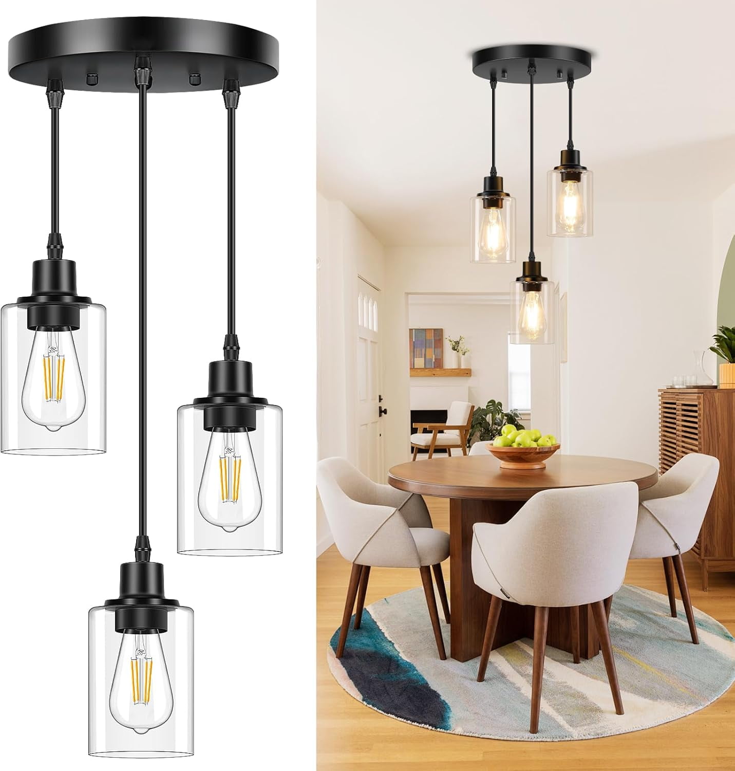 Wellsay 3-Light Pendant Light Fixtures, Black Pendant Lights Kitchen ...