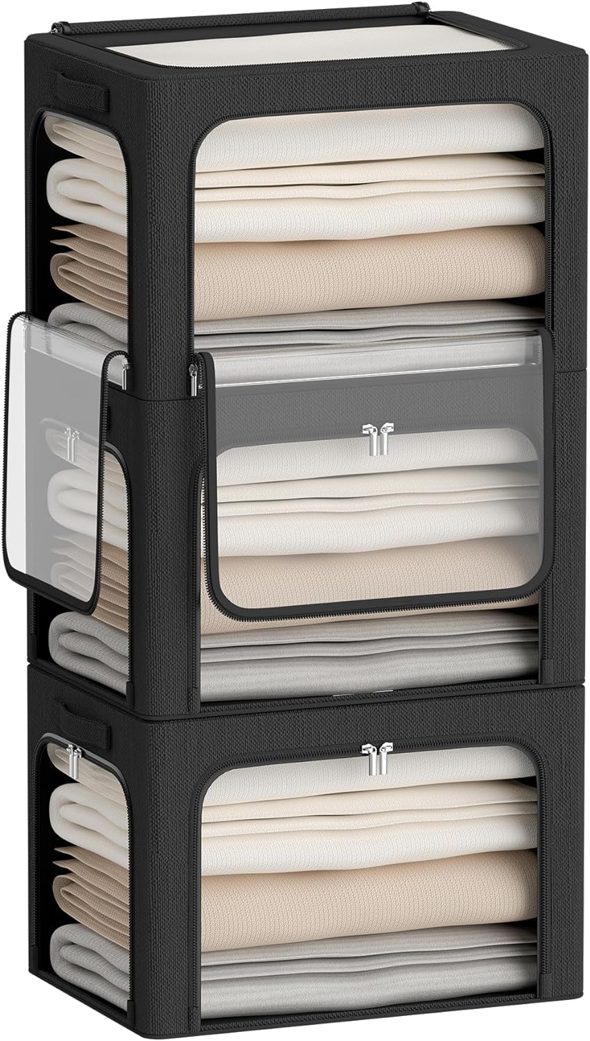 Wellsay 3 Openings Clothes Storage Bins Box - 3Pack Stackable Foldable ...