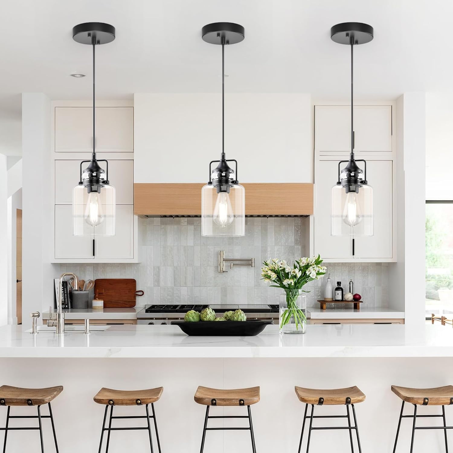 Wellsay 3 Pack Pendant Lights for Kitchen Island, Modern Black Hanging ...