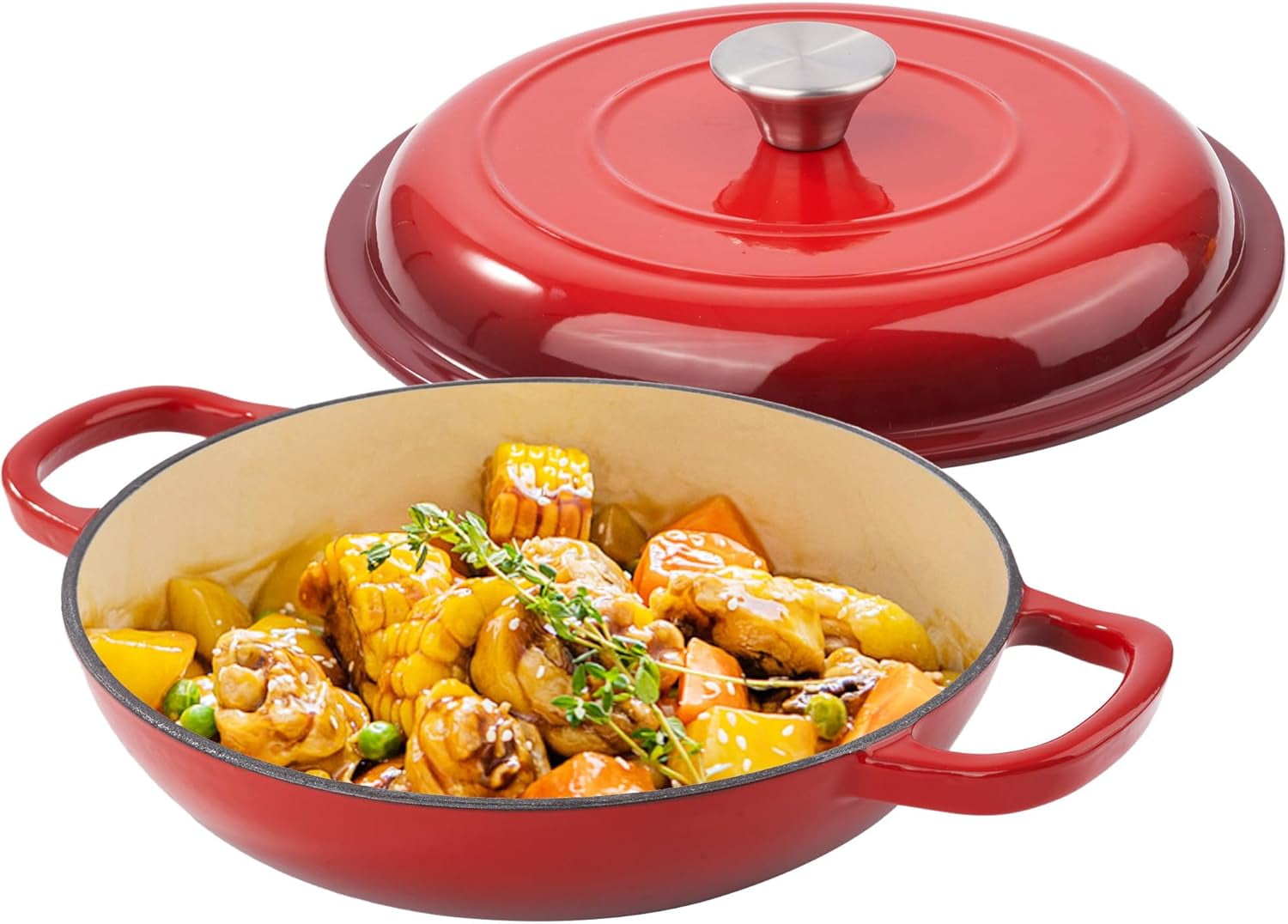 Wellsay 3 Quart Enameled Shallow Cast Iron Dutch Oven with Lid, Dual ...