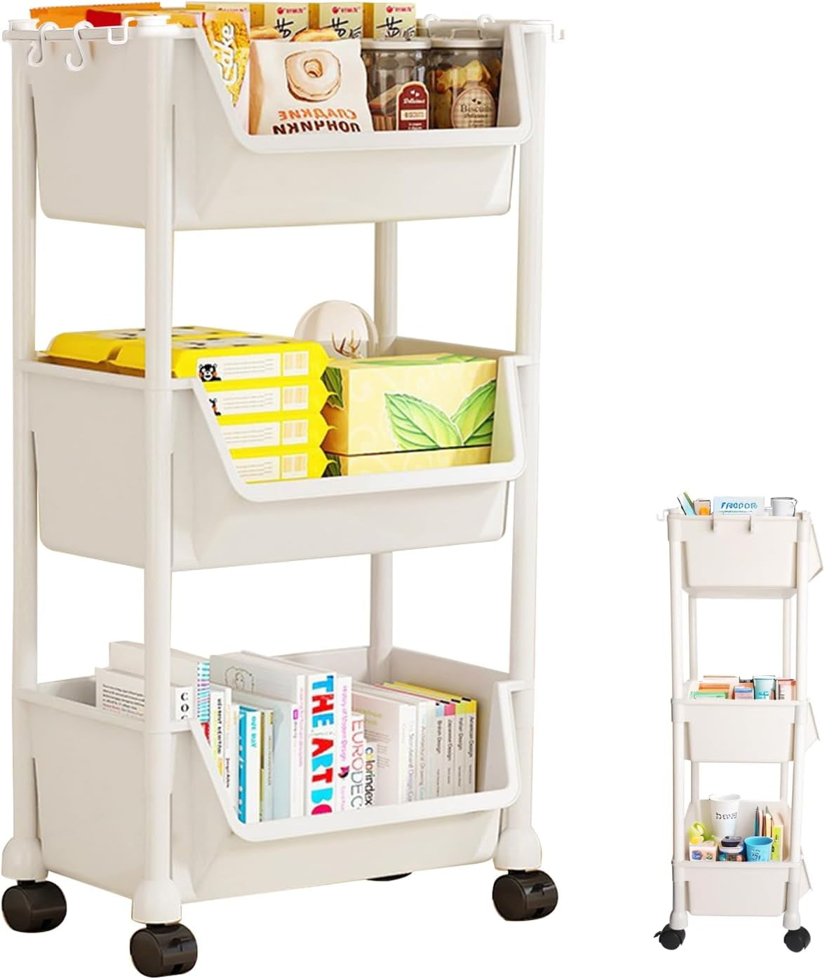 Wellsay 3 Tier Bookshelf with Rolling Cart Storage Organizer, Display ...