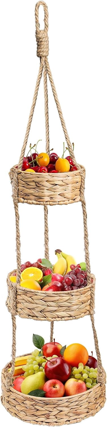Wellsay 3 Tier Hanging Fruit Basket, Wicker Vegetable Storage Basket ...
