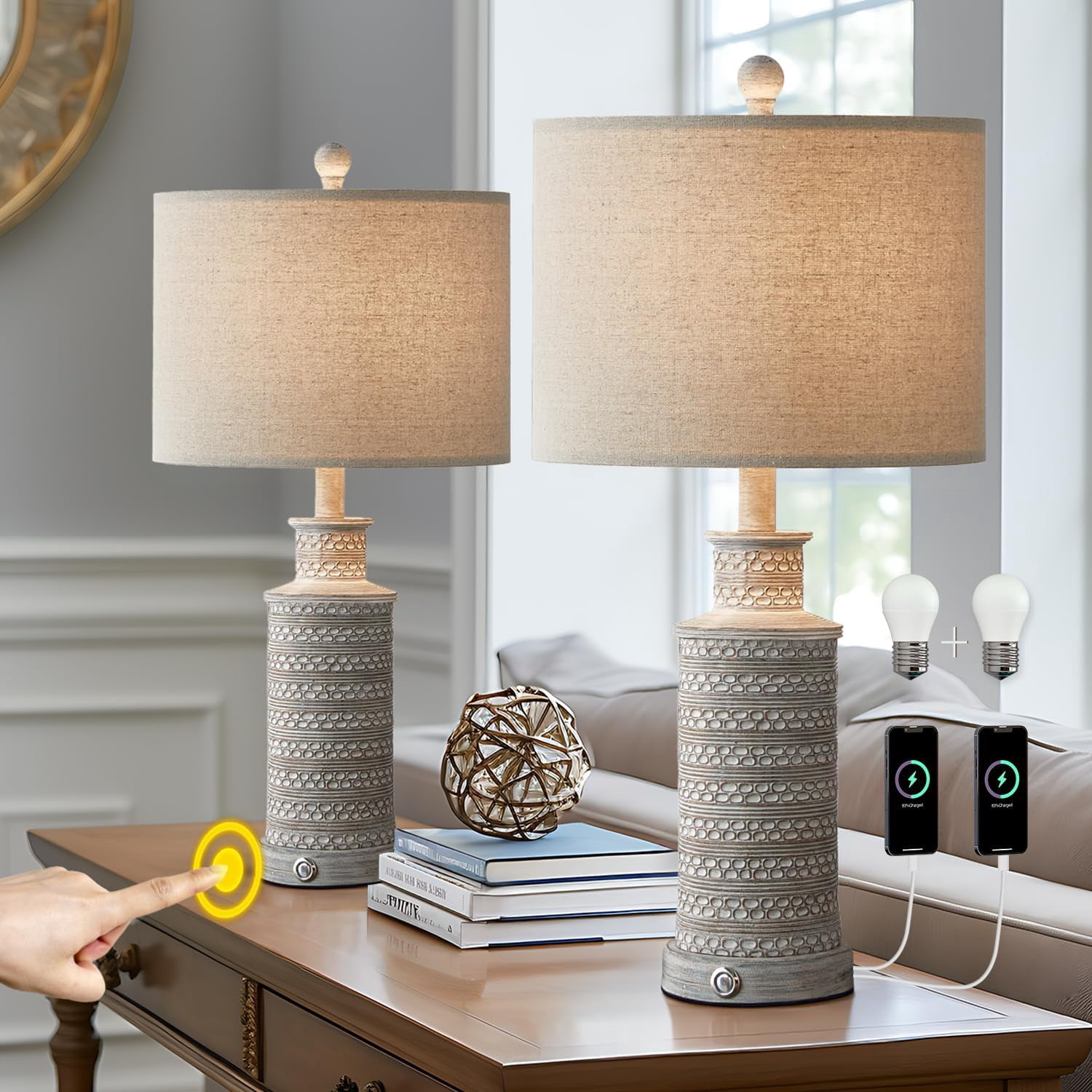 Wellsay 3-Way Dimmable Touch Control Table Lamp Set of 2 with Dual USB ...