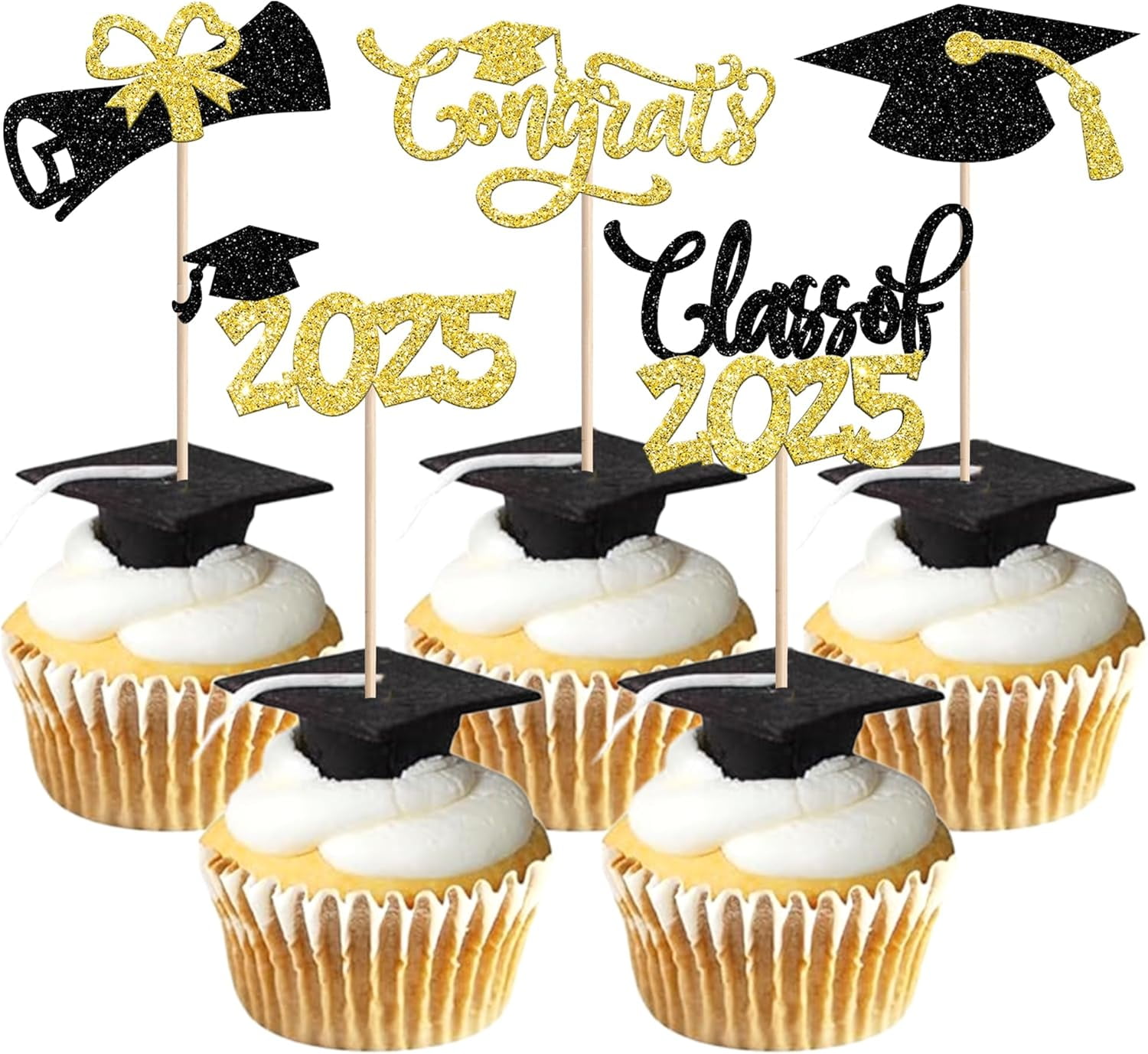 Wellsay 30 PCS 2025 Graduation Cupcake Tors Glitter Diploma 2025 Graduation Cap Cupcake Picks ...