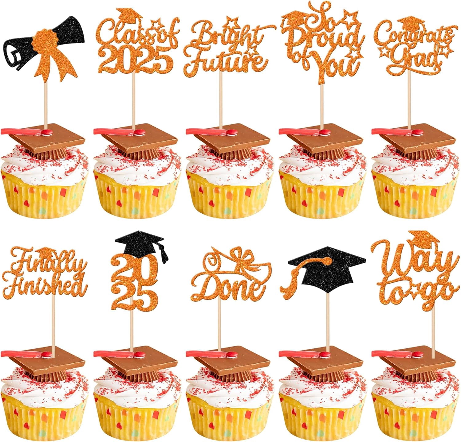 Wellsay 30 PCS 2025 Graduation Cupcake Tors Glitter Diploma Congrats ...