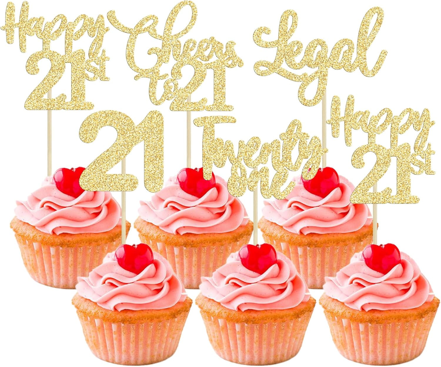 Wellsay 30 Pack Happy 21st Birthday Cupcake Tors - Gold Glitter Cheers to 21 Years Old Picks for ...