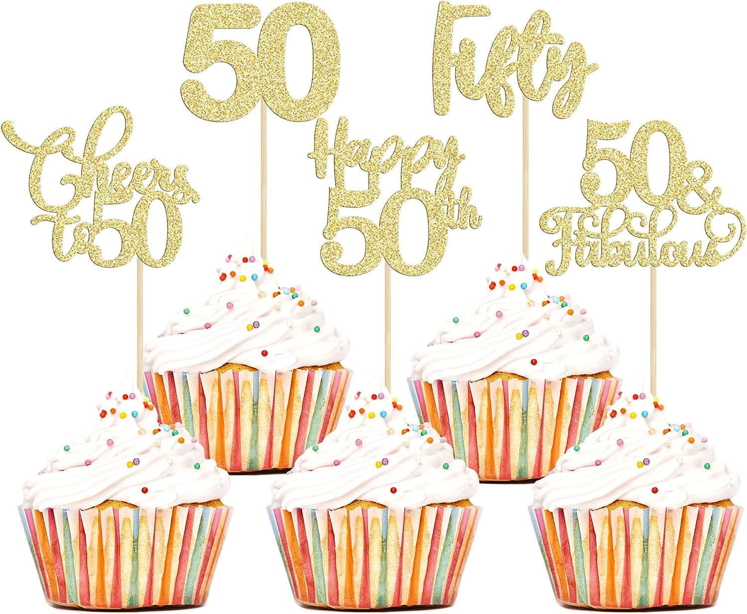 Wellsay 30 Pack Happy 50th Birthday Cupcake Tors Gold Glitter fty Cheers to 50 Years Old ...
