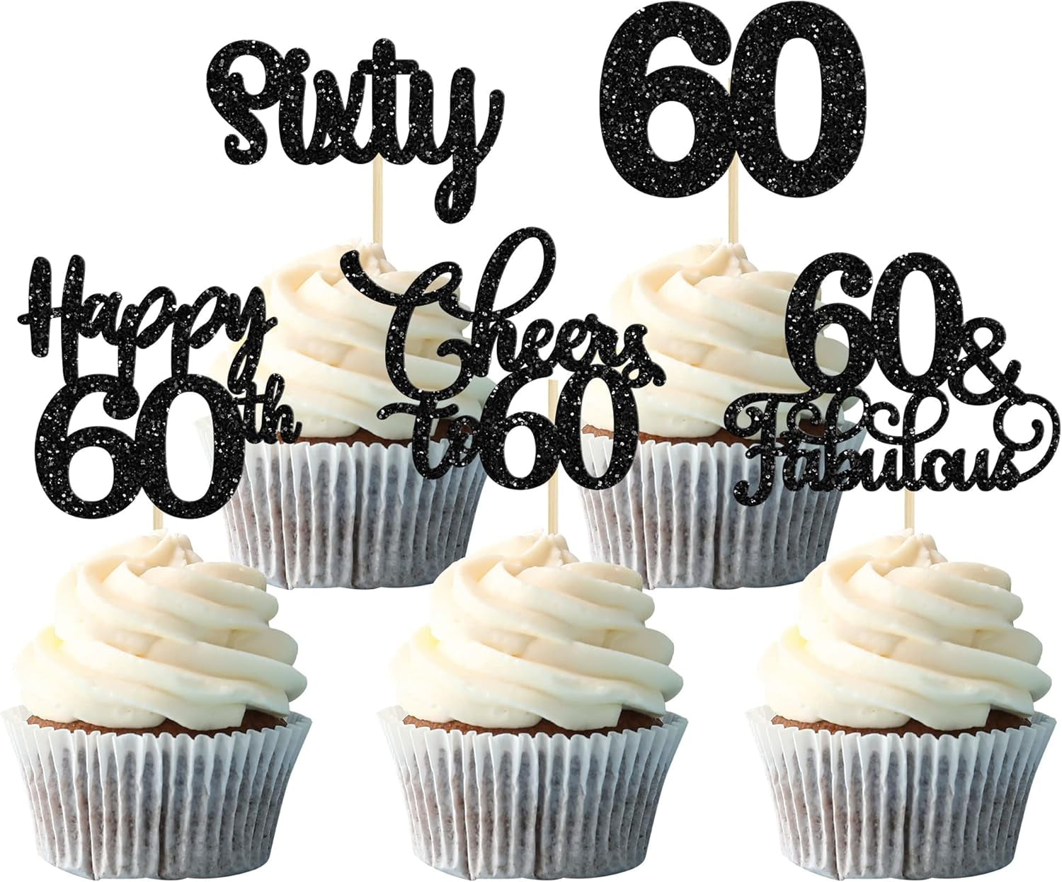 Wellsay 30 Pack Happy 60th Birthday Cupcake Tors Glitter Sixty Cheers to 60 Years Old Birthday ...