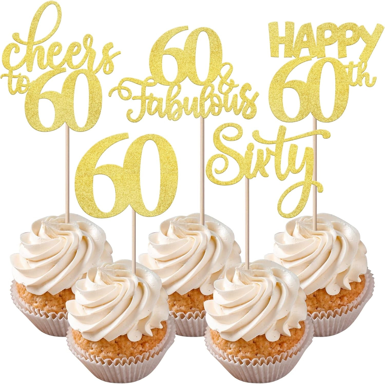 Wellsay 30 Pack Happy 60th Birthday Cupcake Tors Gold Glitter Sixty Cheers to 60 Years Old ...