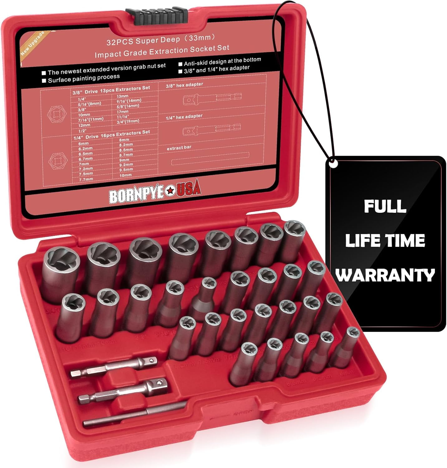 Wellsay 32Pcs Bolt Extractor Kit, 3m elevated design, with 3/8, 1/4 ...