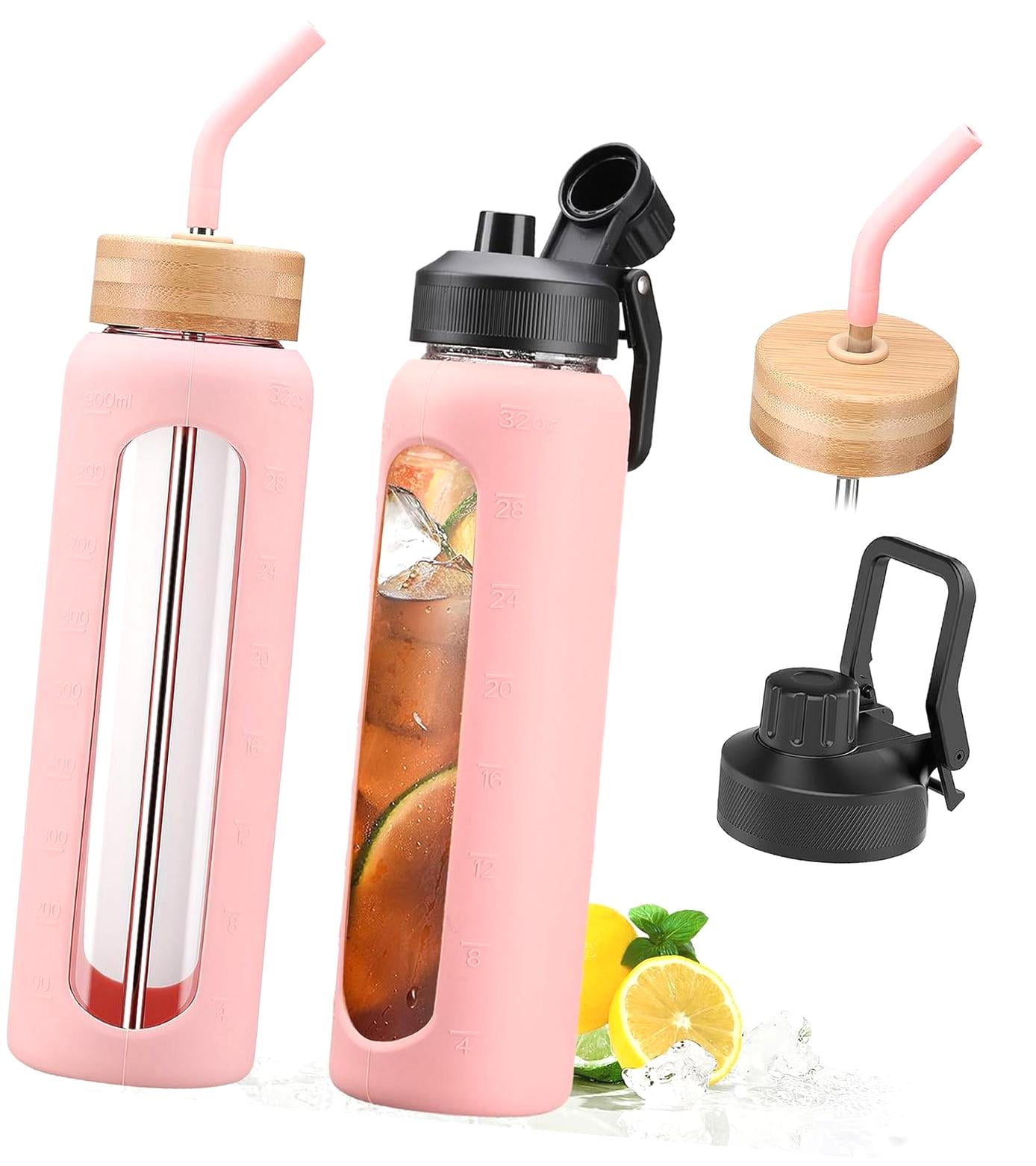 Wellsay 32oz Glass Water Bottle with Straw and 2 - Straw and Spout Lid ...