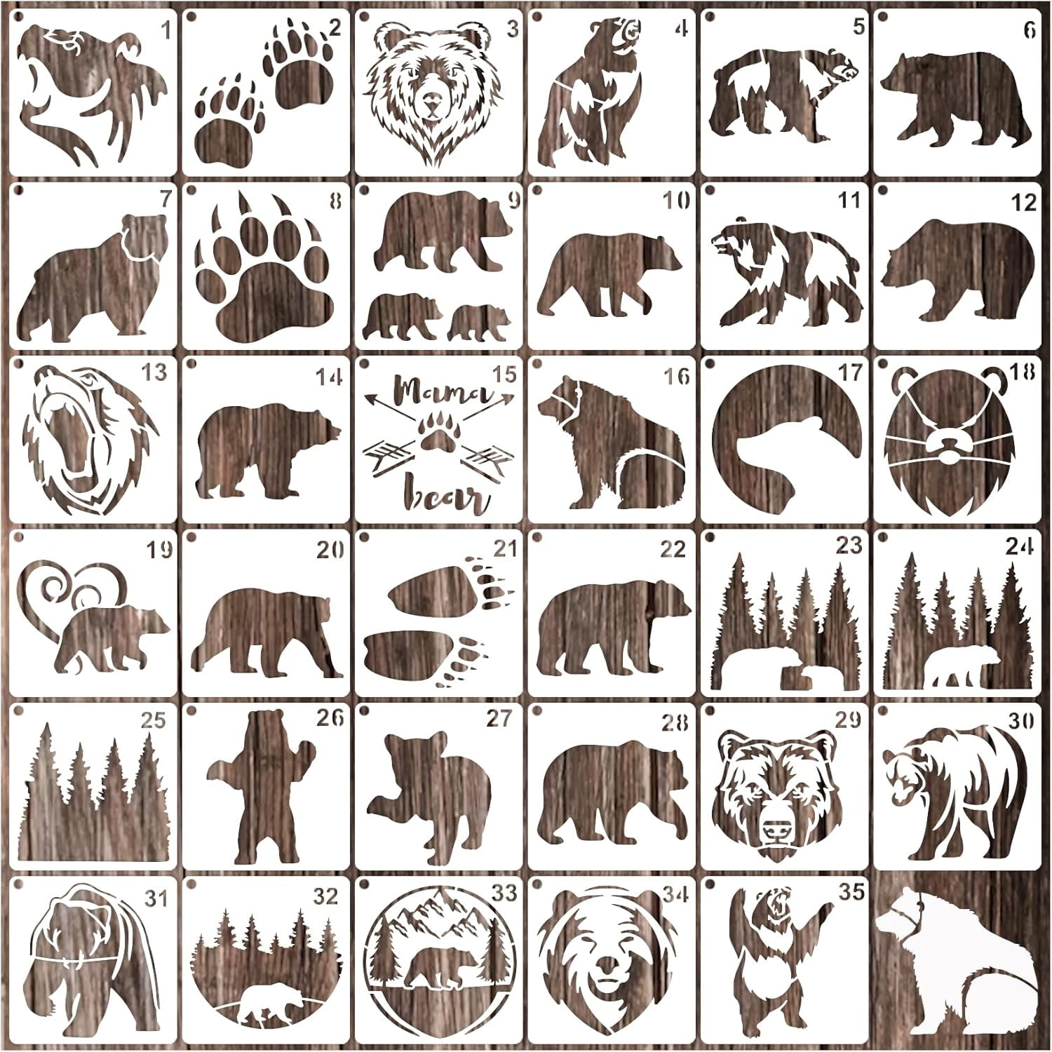 Wellsay 35 Pack Bear Stencils for Painting on Wood, Pine Tree Stencils ...