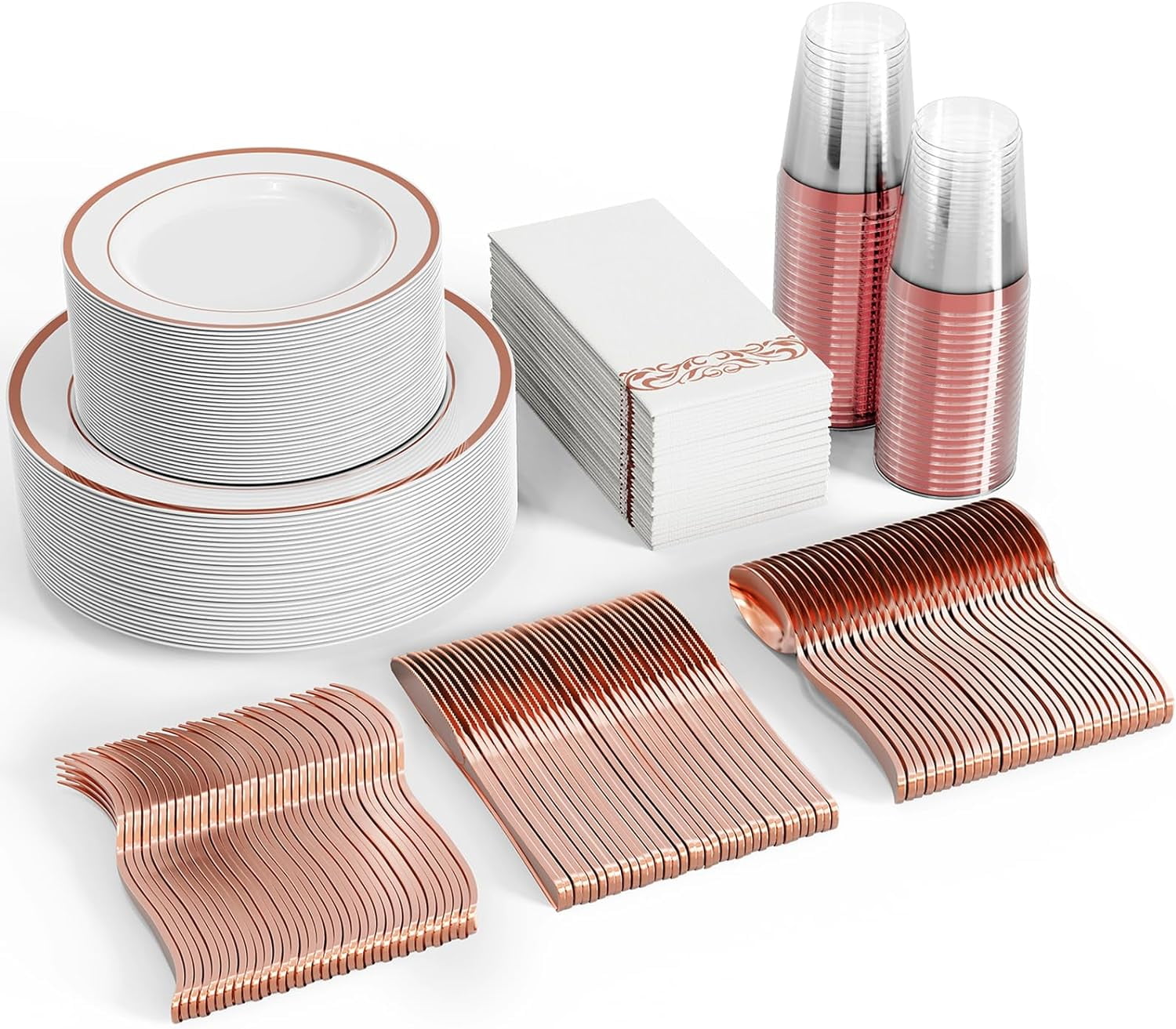 Wellsay 350 Rose Gold Dinnerware Set for 50 Guests, White and Rose Gold ...