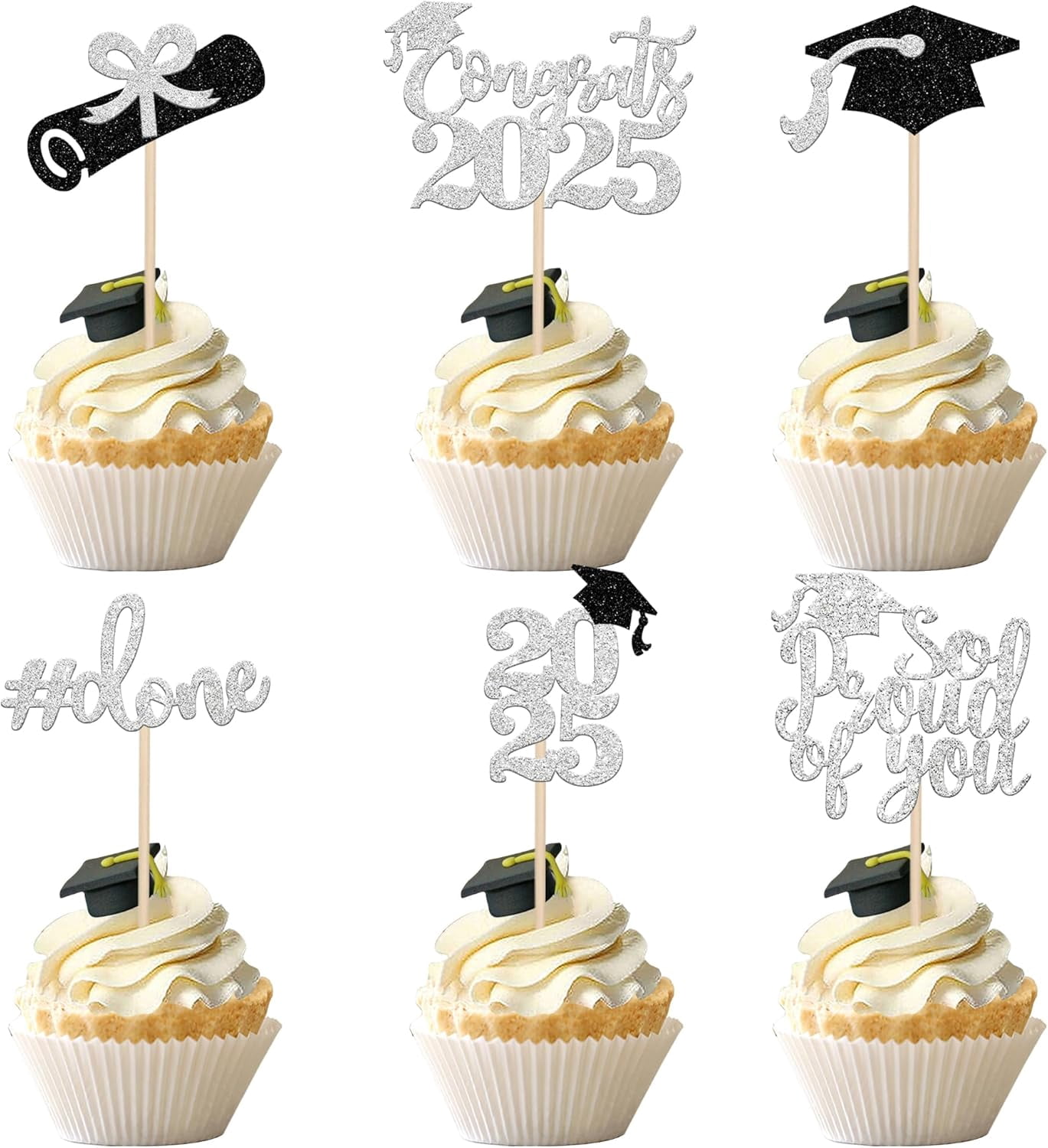 Wellsay 36 PCS 2025 Graduation Done Cupcake Tors Glitter Congrats Class ...